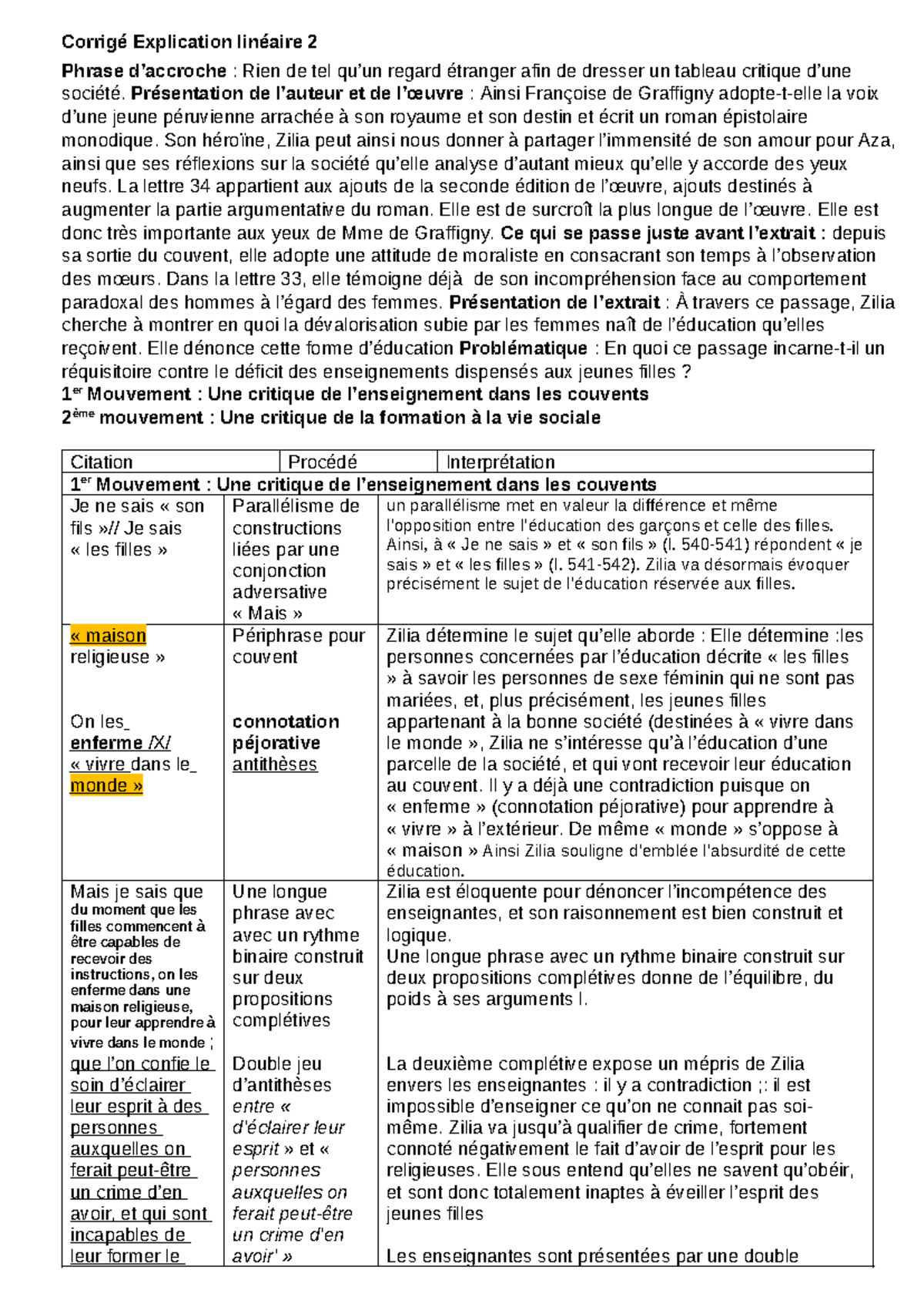 Corrigé Explication Linéaire 2 : Analyse Critique de Zilia dans ...