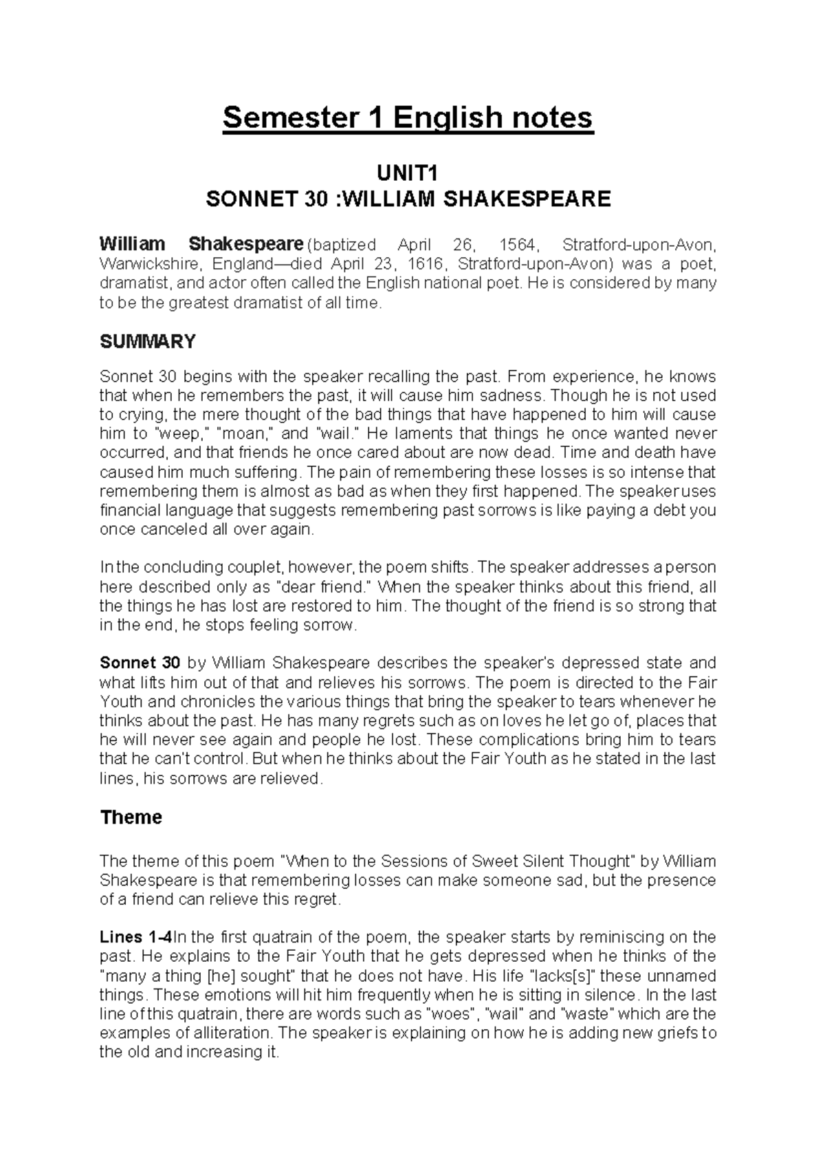 ENG101 - Semester 1 Notes: Shakespeare's Sonnet 30 Analysis - Studocu