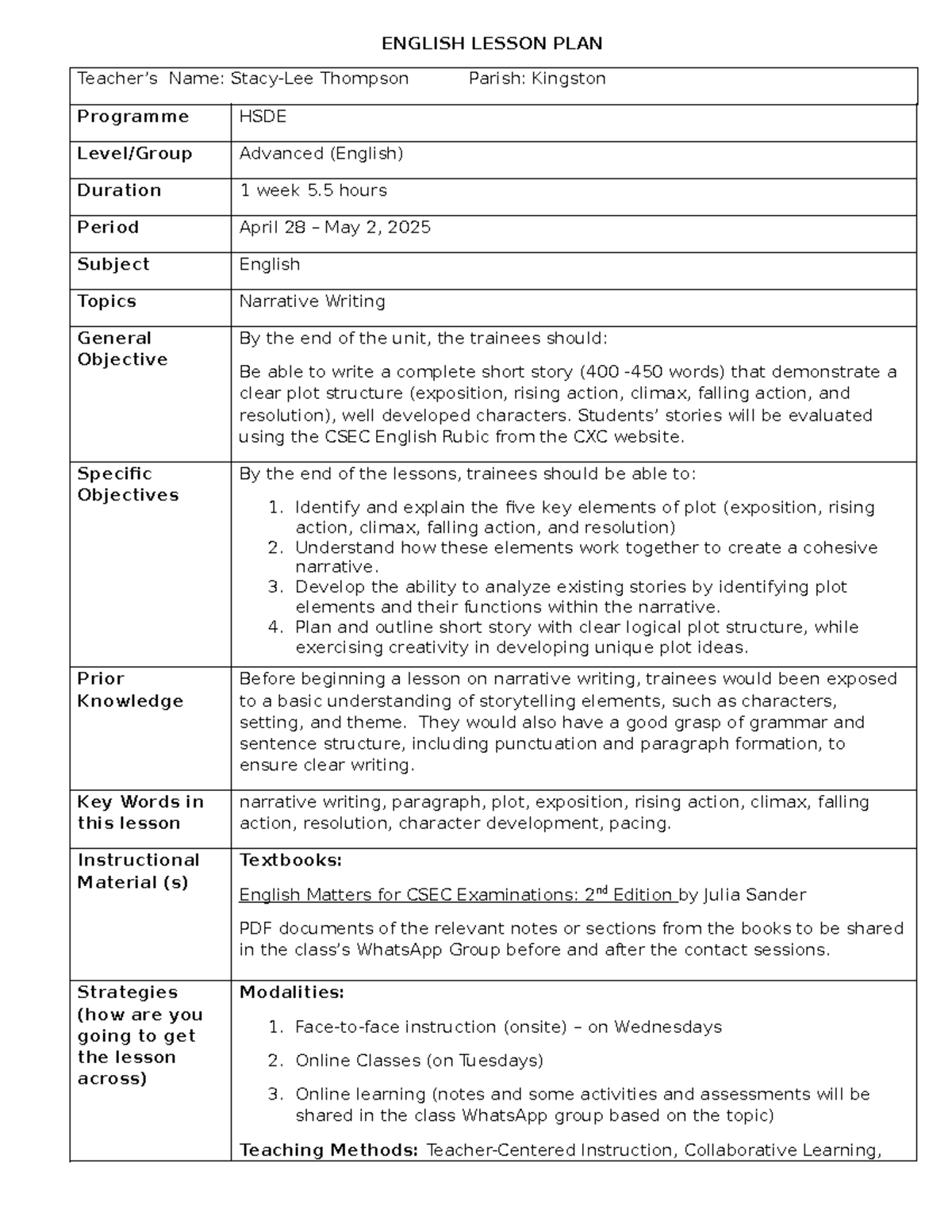 CXC English A - Lesson plan for narrative writing and summarization ...