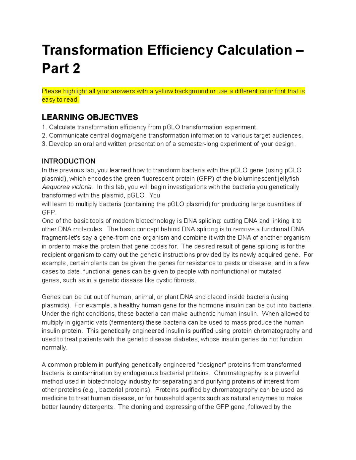 Calculating Transformation Efficiency in pGLO Experiment - Week 2 - Studocu