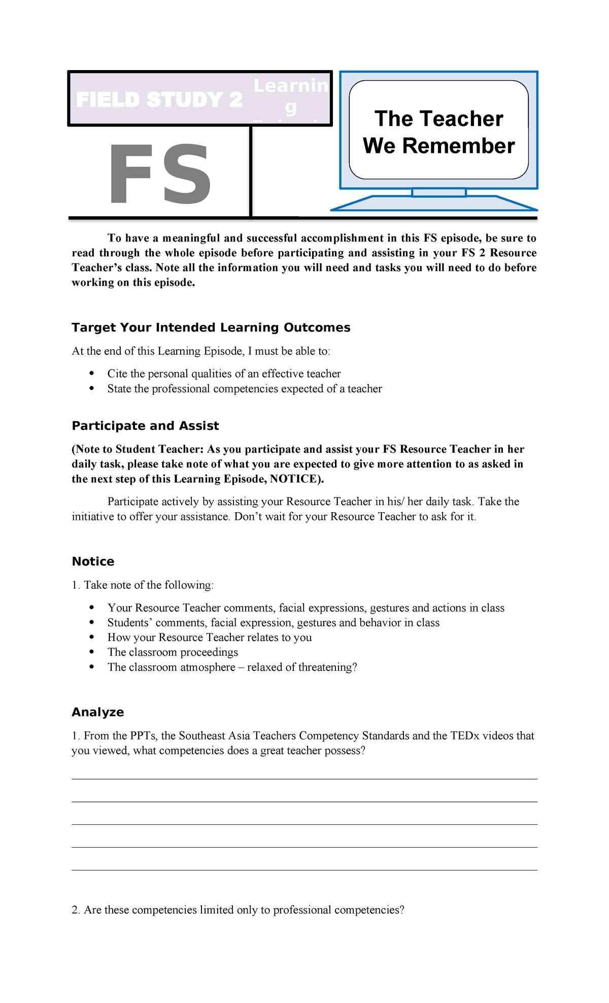 FIELD STUDY 2 Learning Episode FS 1: The Teacher We Remember - Studocu