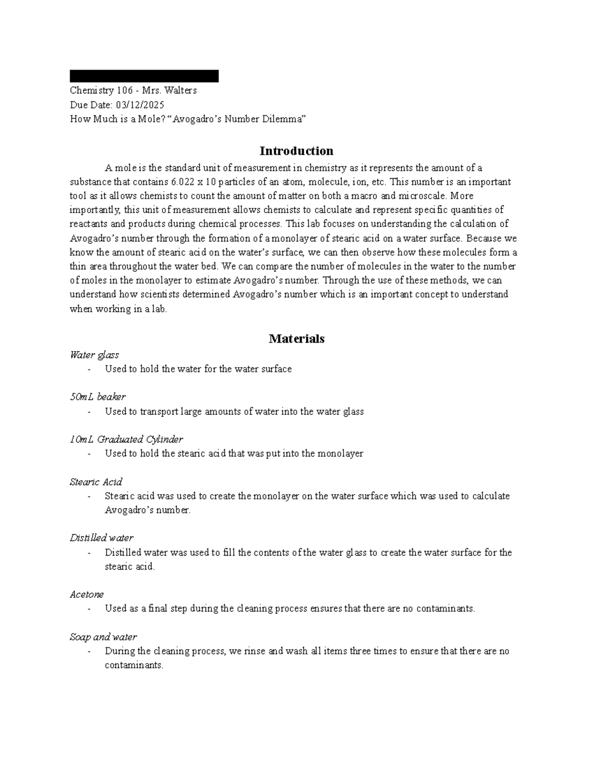 Lab 7 - Chemistry 106: Understanding Moles Through Stearic Acid ...