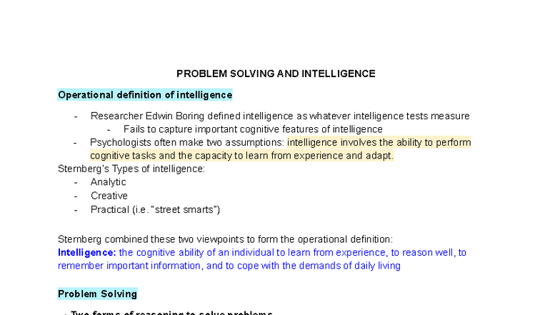 Pysch 1X03 Module 4 - Problem Solving & Intelligence - PROBLEM SOLVING AND INTELLIGENCE ...