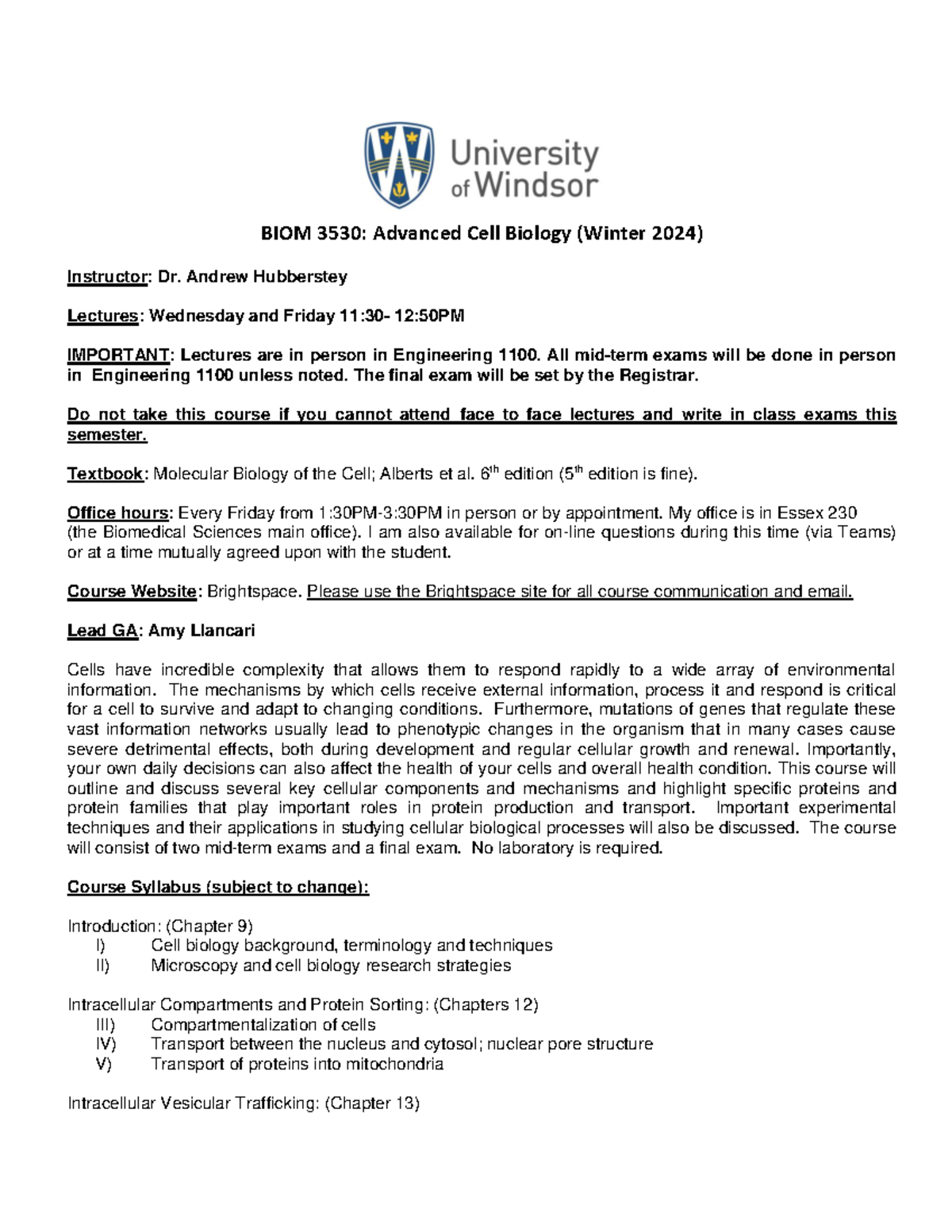 BIOM3530 Syllabus 2024: Advanced Cell Biology Final Exam Guide - Studocu