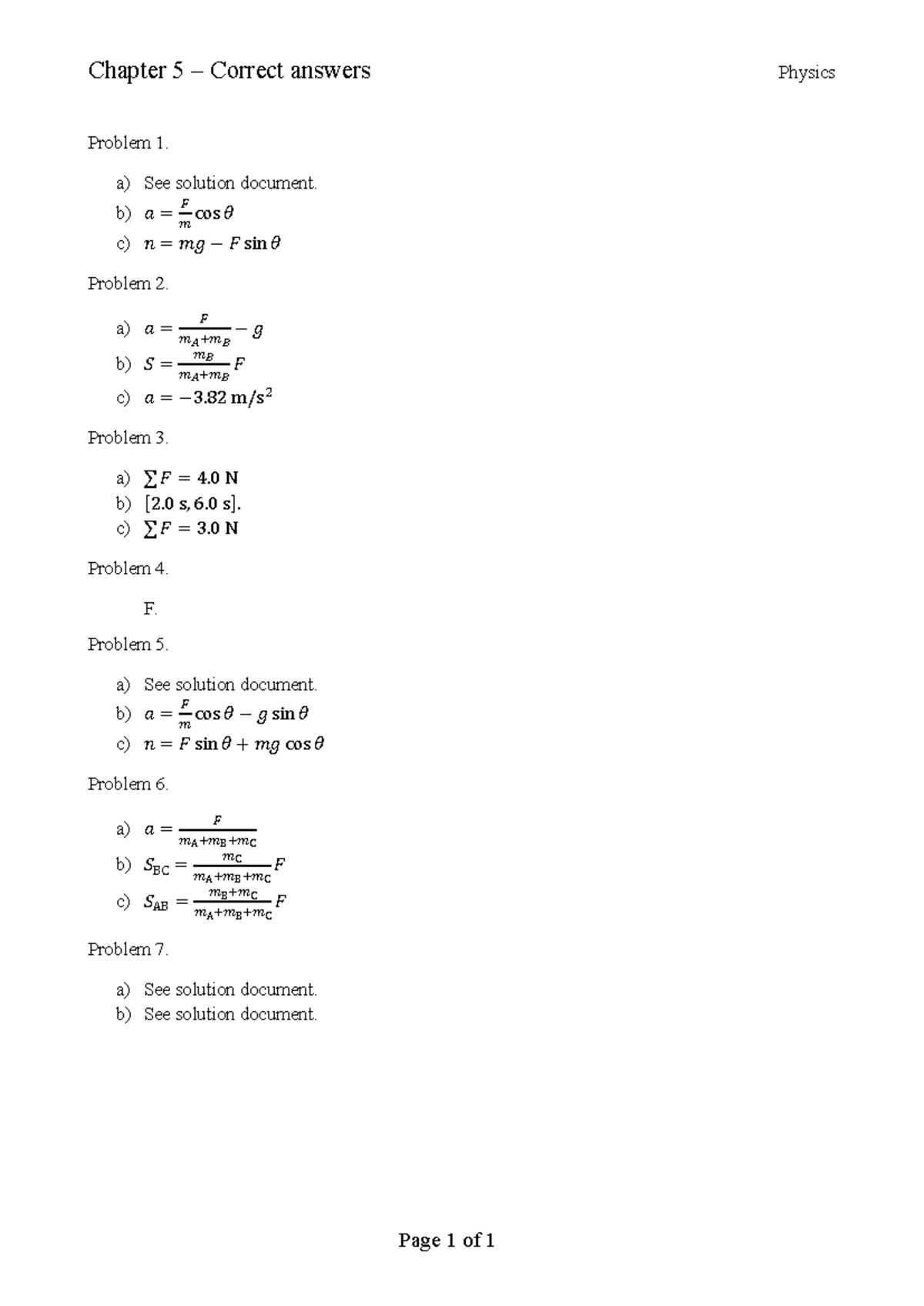 Chapter 5 Solutions to Physics Problems - Answers Included - Studocu