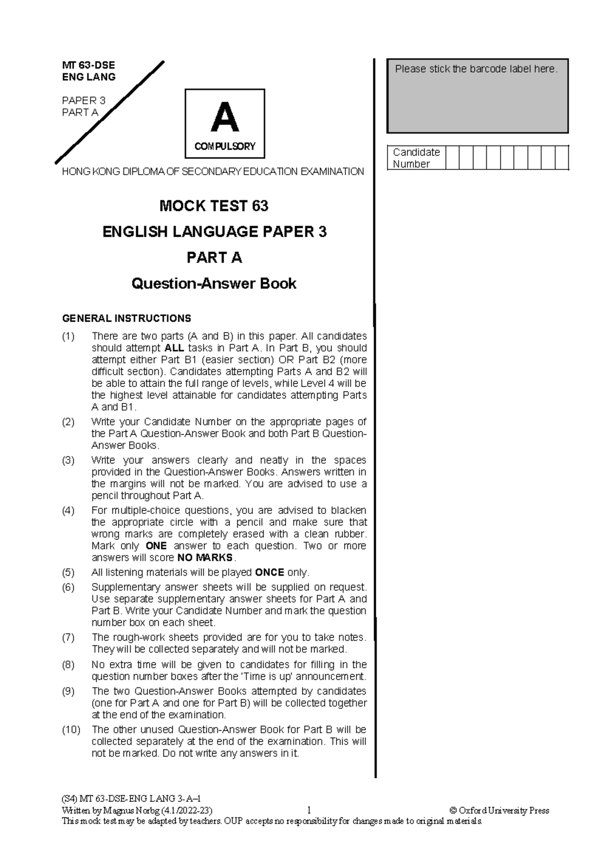 MT63 English Language Mock Test Paper 3 Part A & B - Studocu