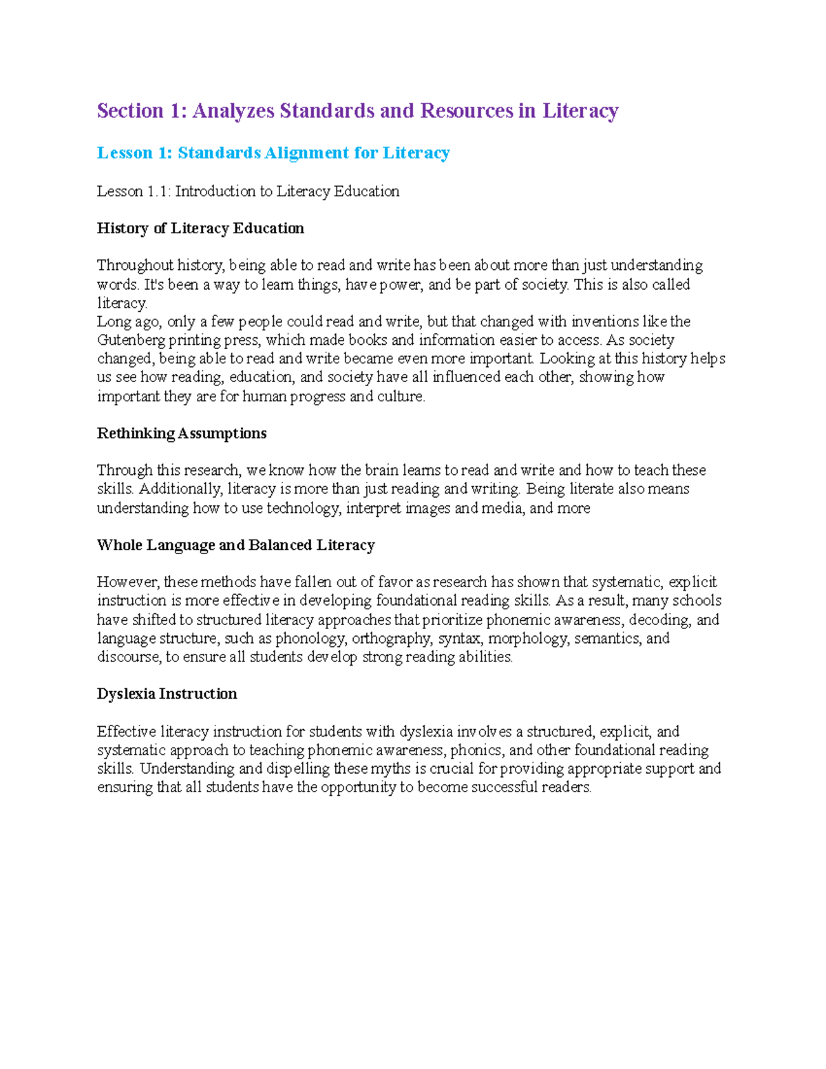 Literacy Education Standards & Resources: Section 1 Overview - Studocu
