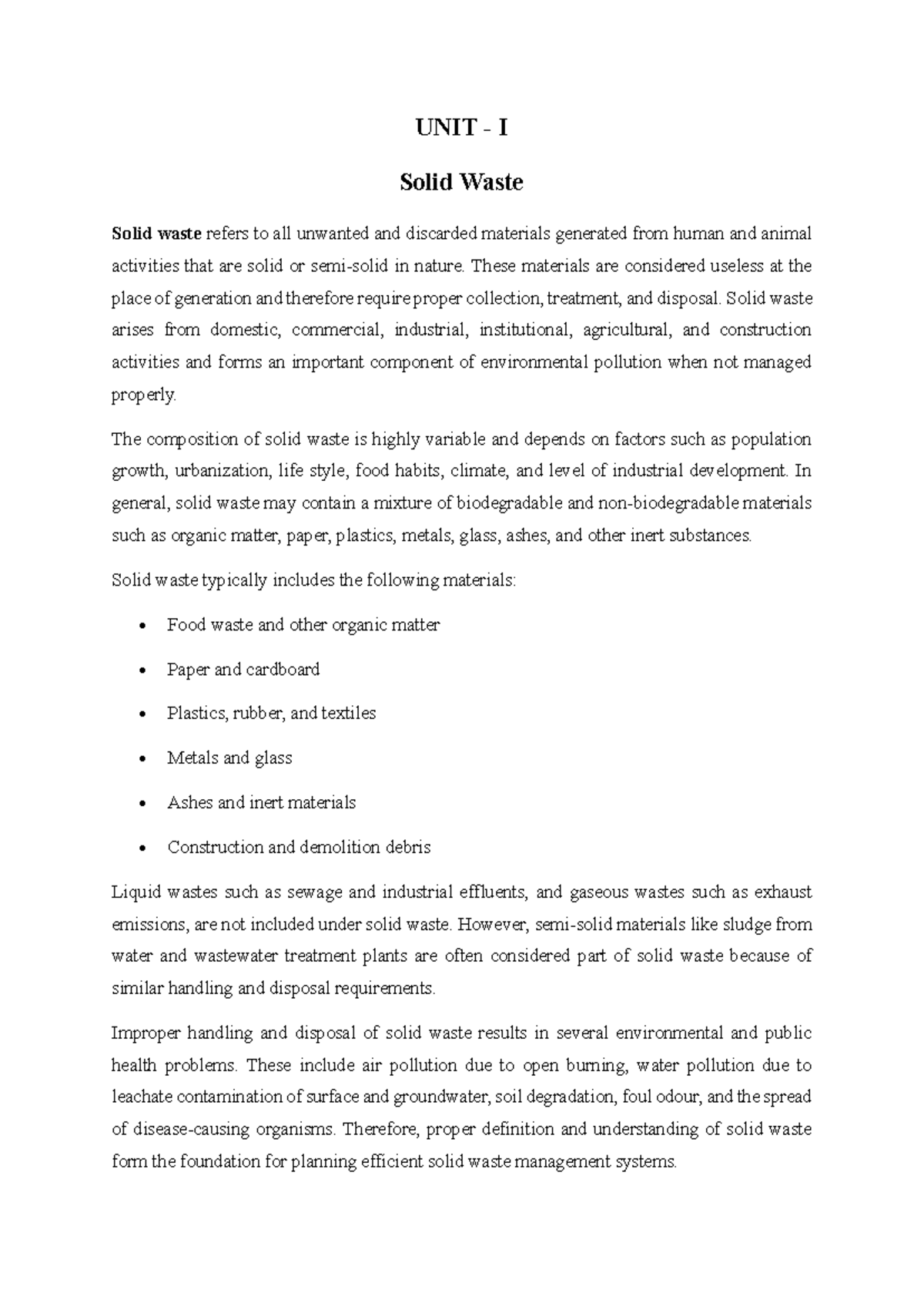 SWM UNIT I - Comprehensive Overview of Solid Waste Management - Studocu