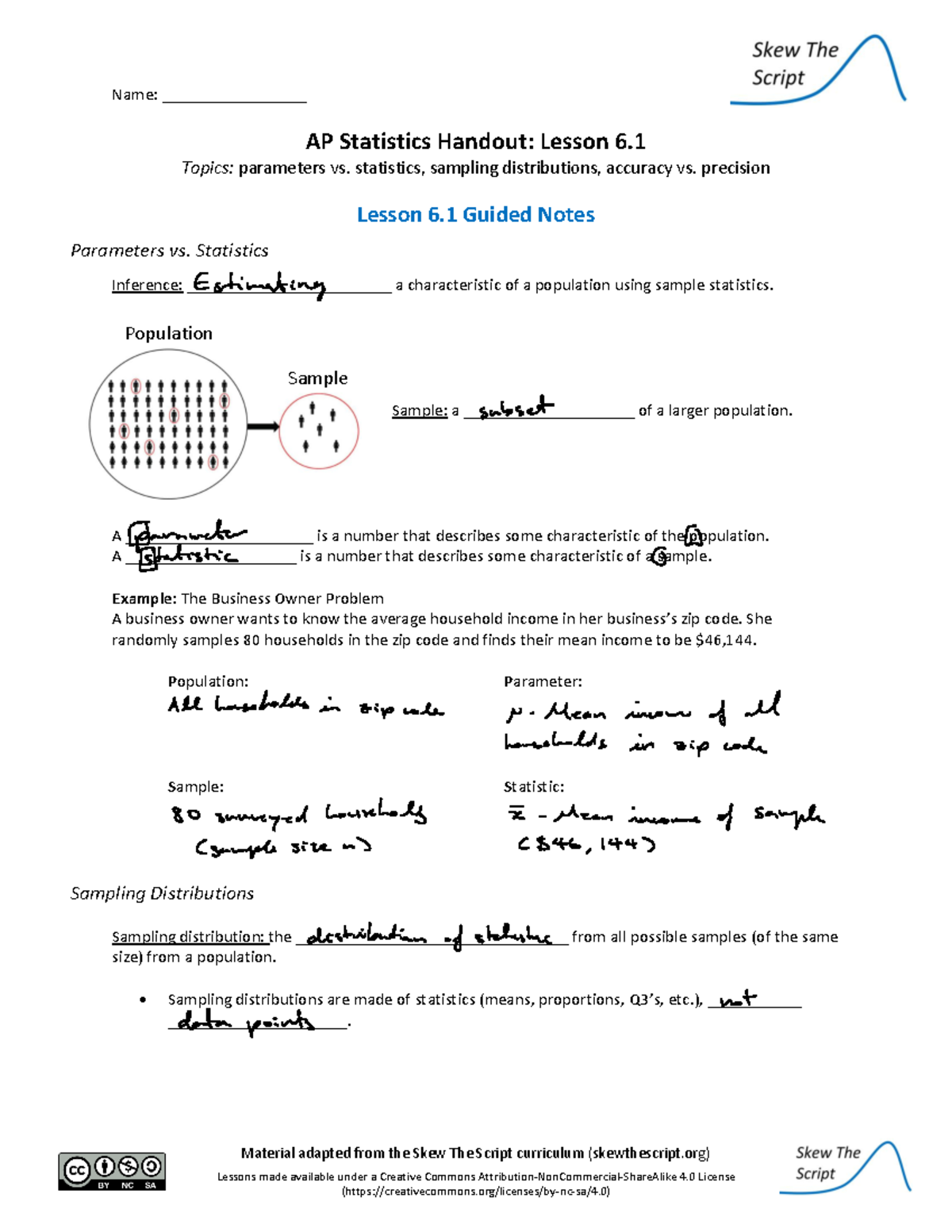 AP Statistics: Lesson 6.1 Guided Notes on Sampling Distributions - Studocu