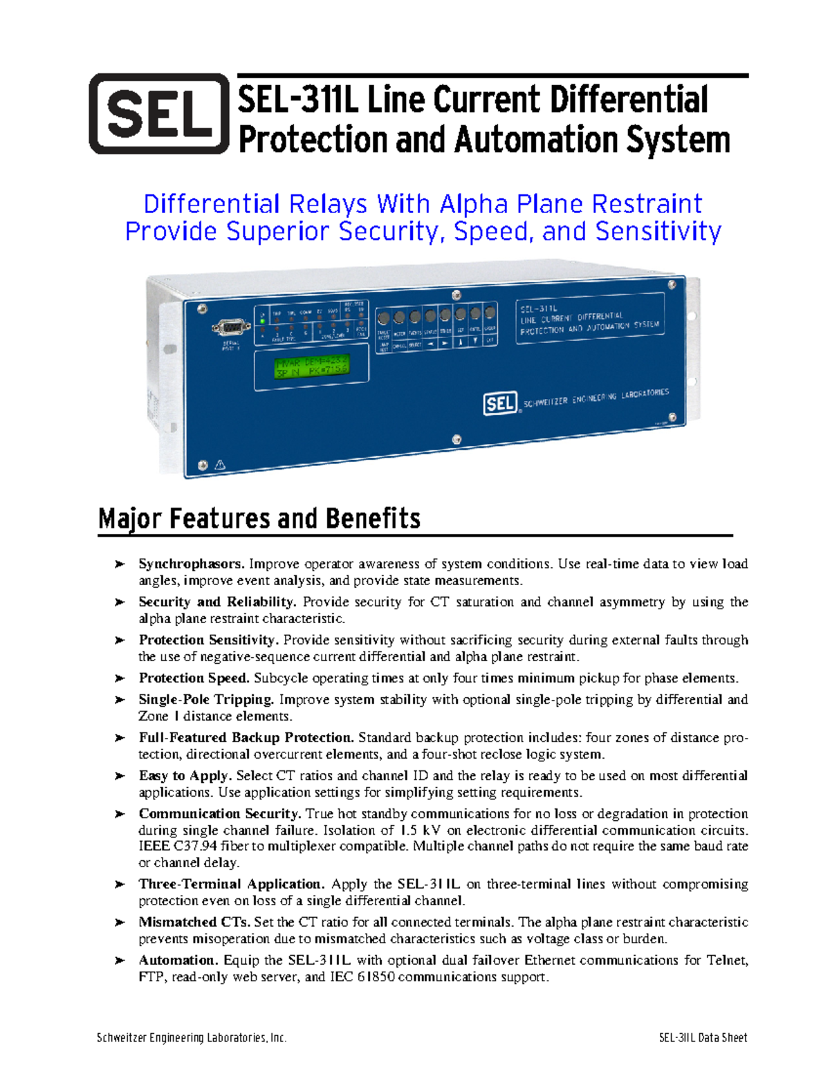 SEL-311L Relay Data Sheet: Line Current Differential Protection ...
