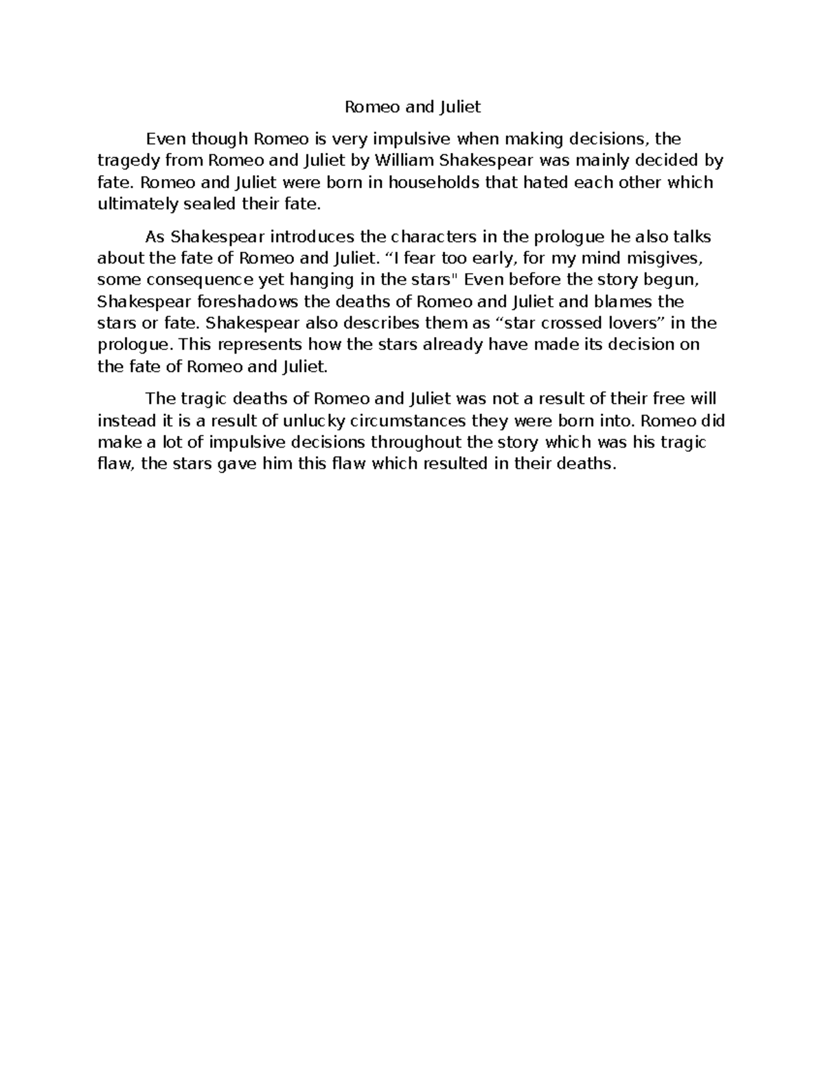 Romeo and Juliet Essay: Fate vs. Impulsiveness in Tragedy - Studocu