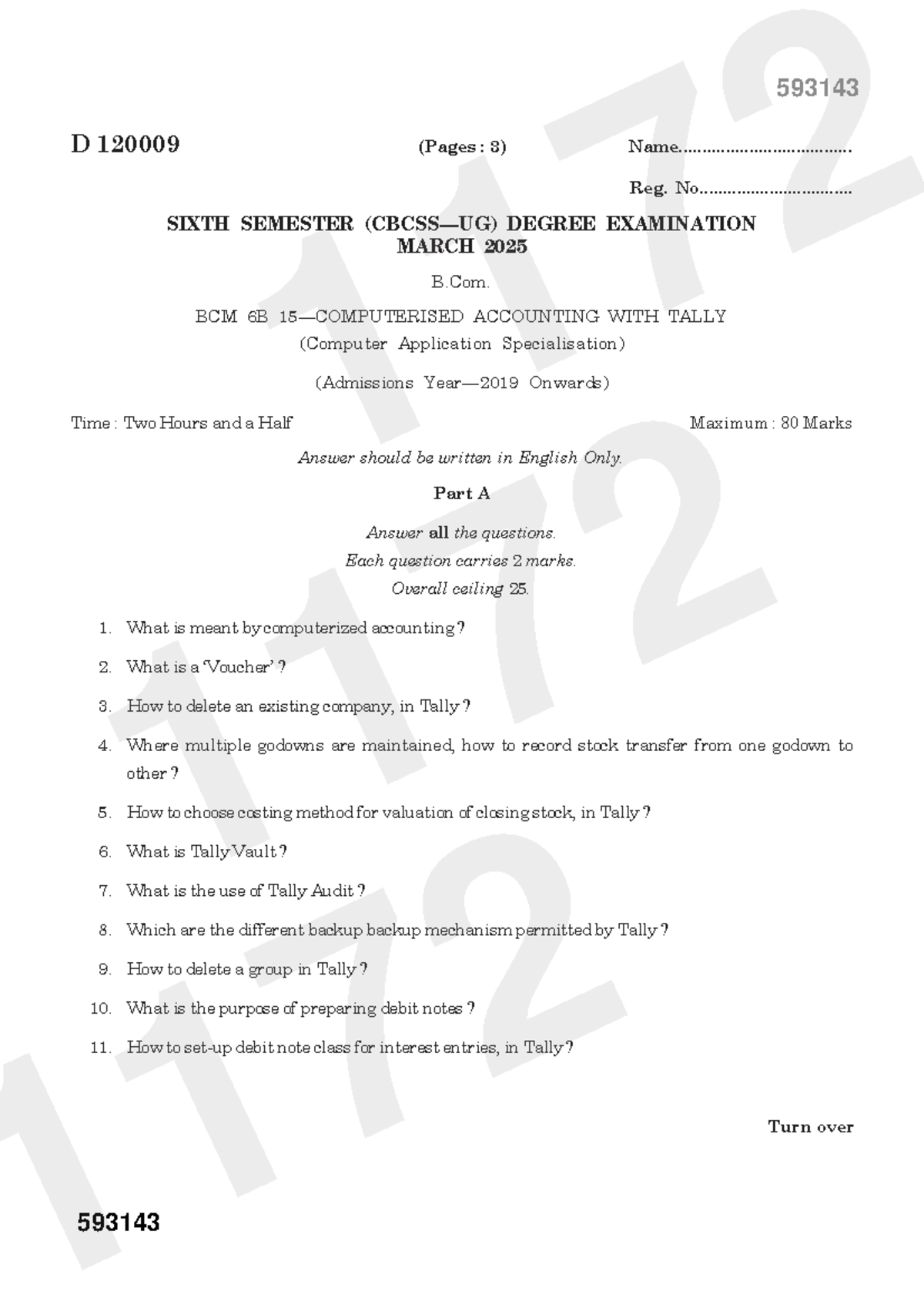 B.Com. BCM 6B Final Exam: Computerized Accounting with Tally - Studocu