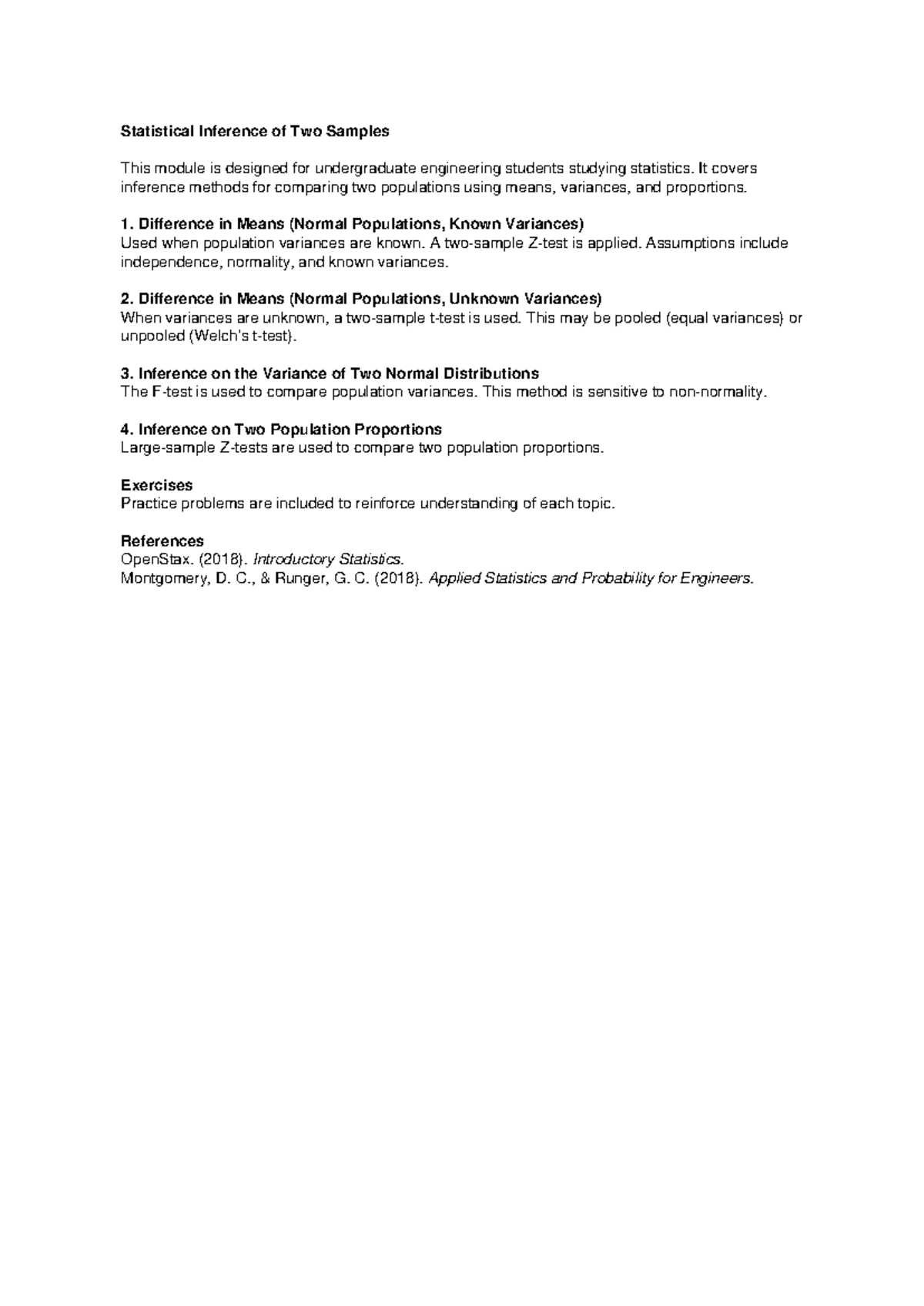 Statistical Inference of Two Samples: Engineering Statistics Module ...
