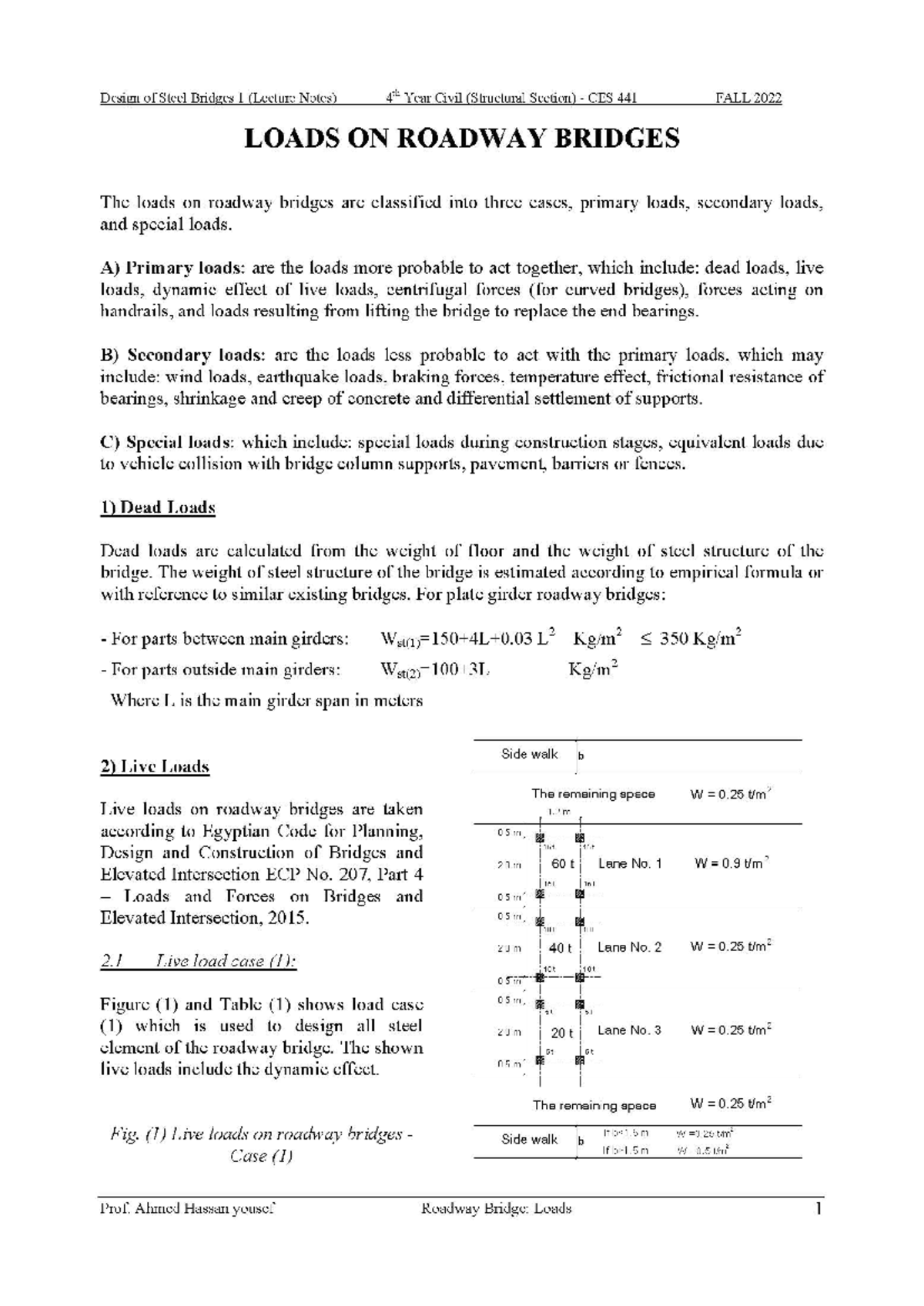Bridge Loads: Design of Steel Structures (CES 441) Lecture Notes - Studocu