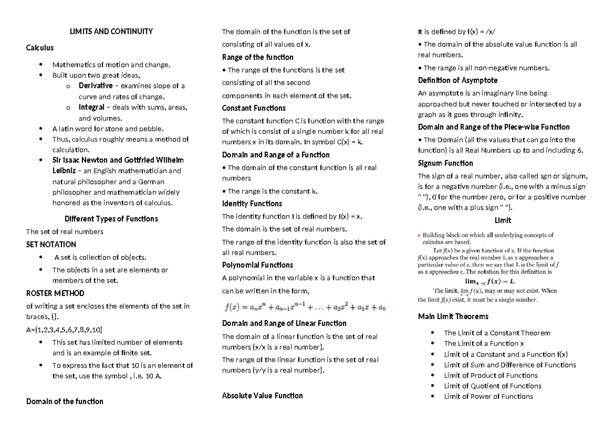 Basic Calculus: Limits and Continuity in Mathematics - Studocu