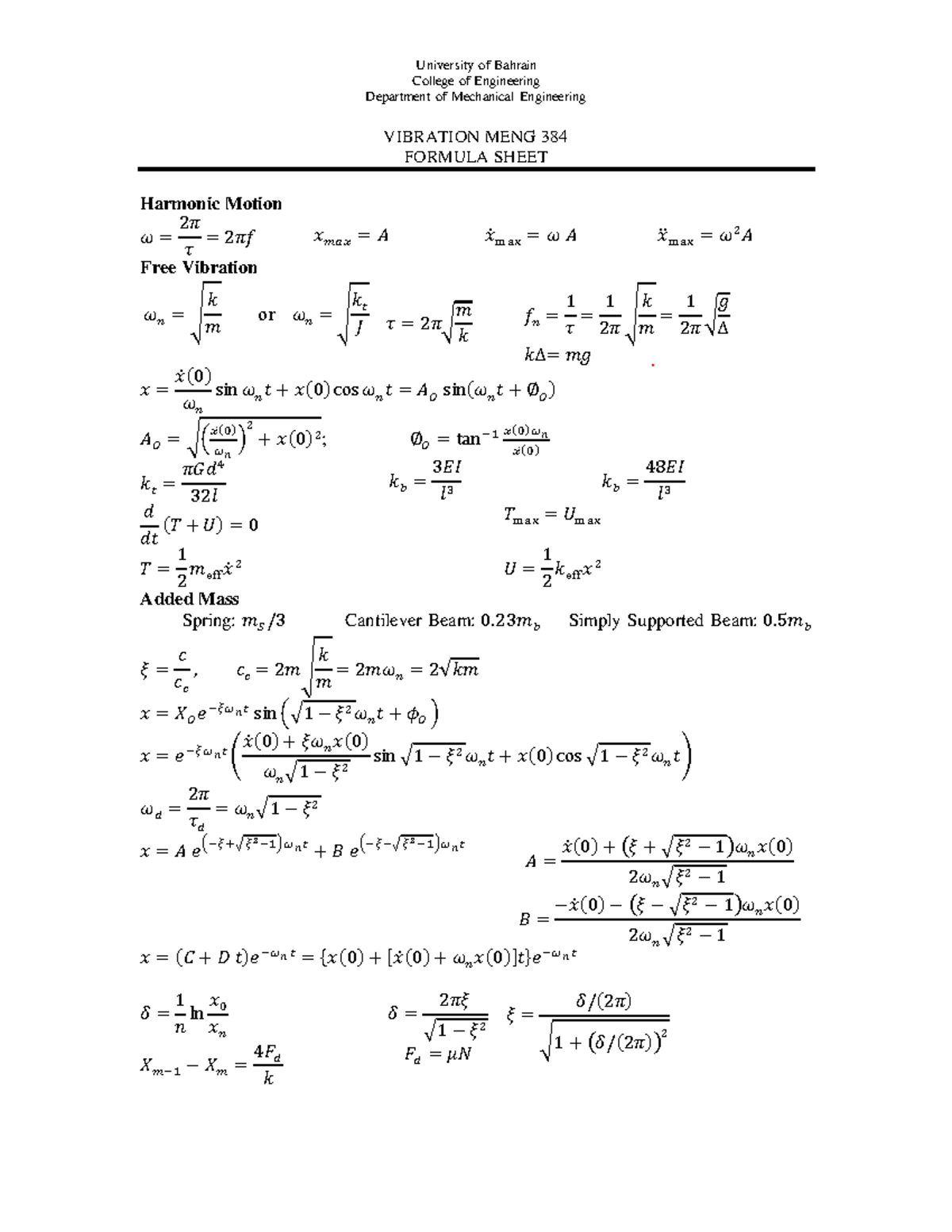 Mechanical Vibrations Formula Sheet - VIBRATION MENG 384 - Studocu