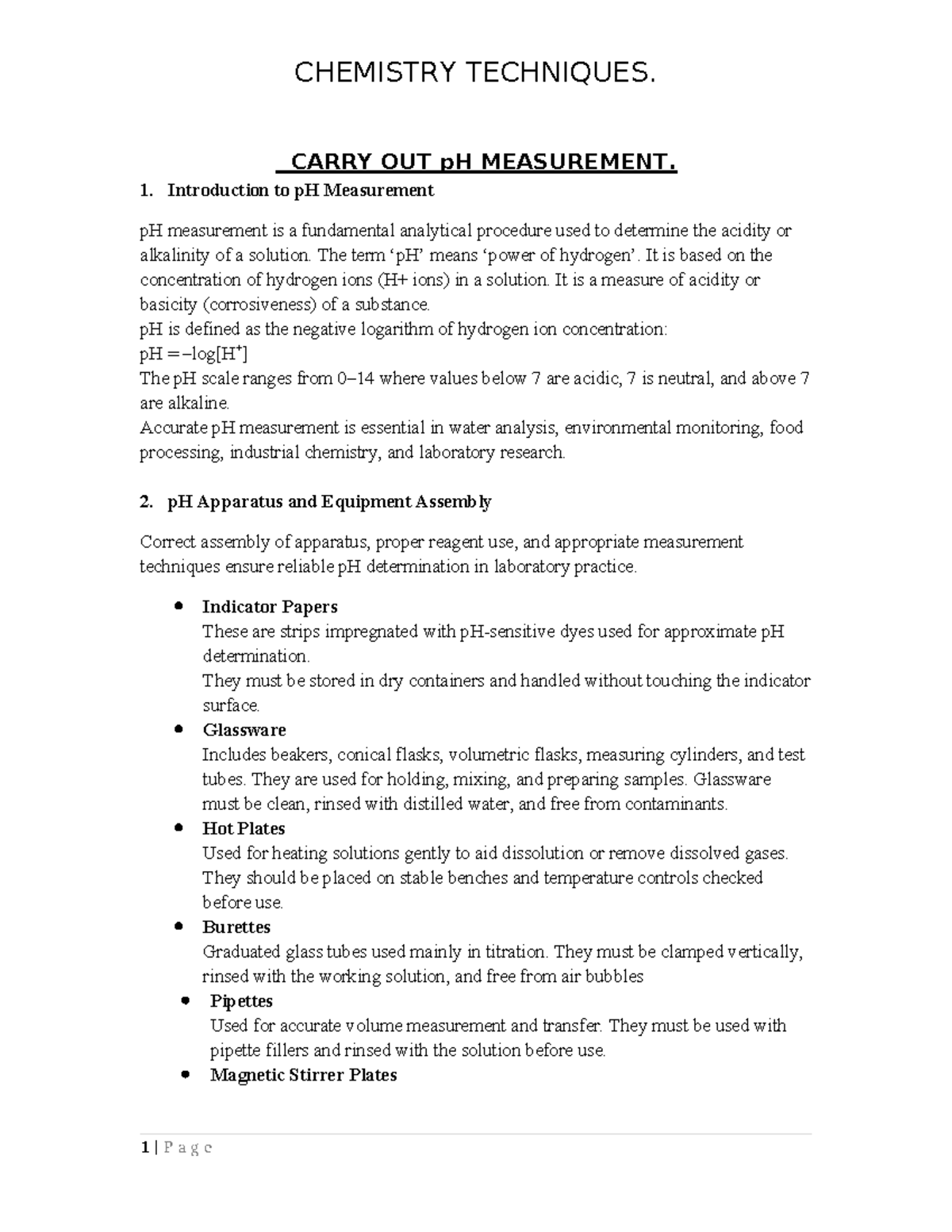 CHEM 101: pH Measurement Techniques and Equipment Notes - Studocu