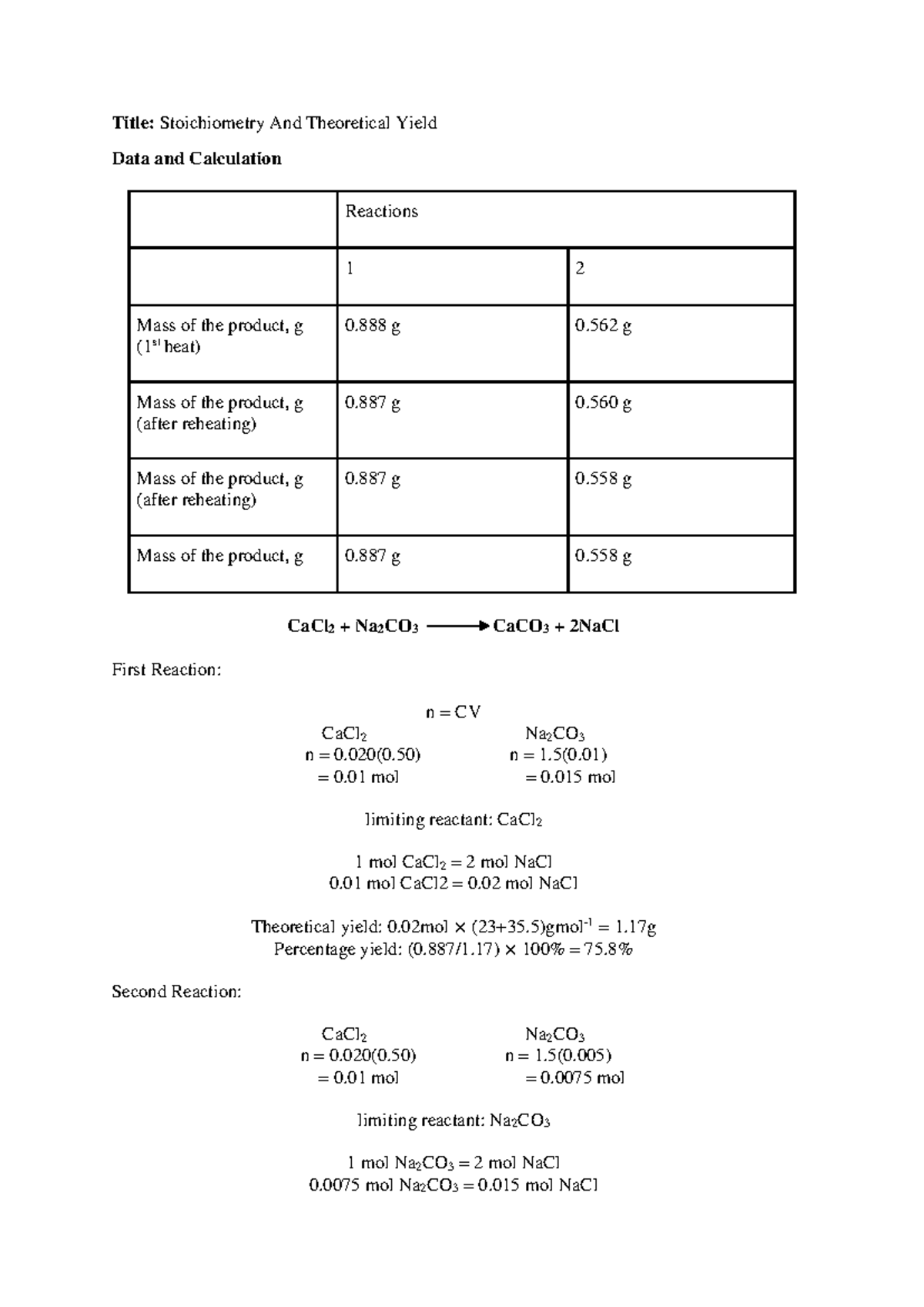 CHM420 EXP 1: Stoichiometry, Theoretical Yield, and Reaction Analysis ...