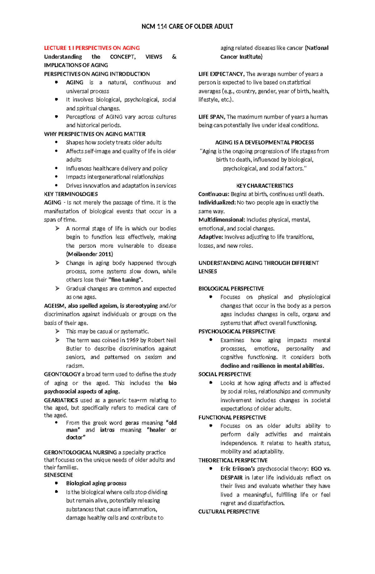 NCM 114 LECTURE 1: PERSPECTIVES ON AGING AND IMPLICATIONS - Studocu