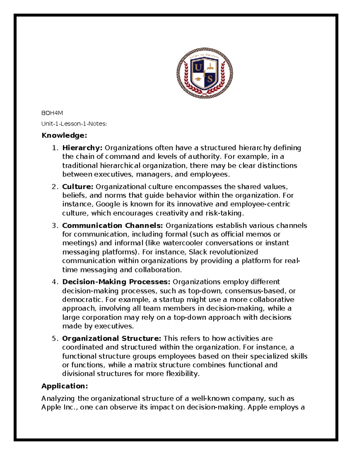 BOH4M Unit 1: Organizational Structure & Innovation Insights - Studocu