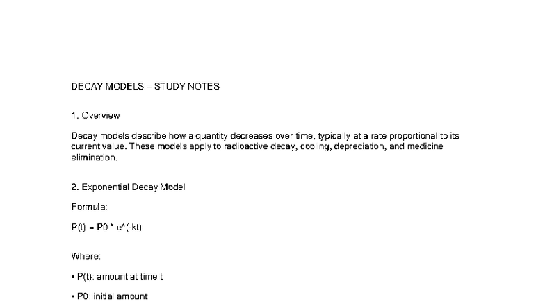 Decay Models Notes - DECAY MODELS – STUDY NOTES Overview Decay models ...