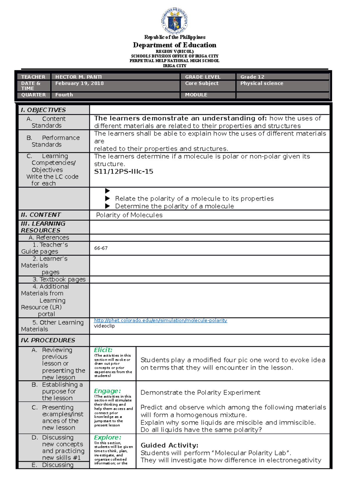 DLP Sample - Lesson Plan on Polarity of Molecules for Grade 12 - Studocu