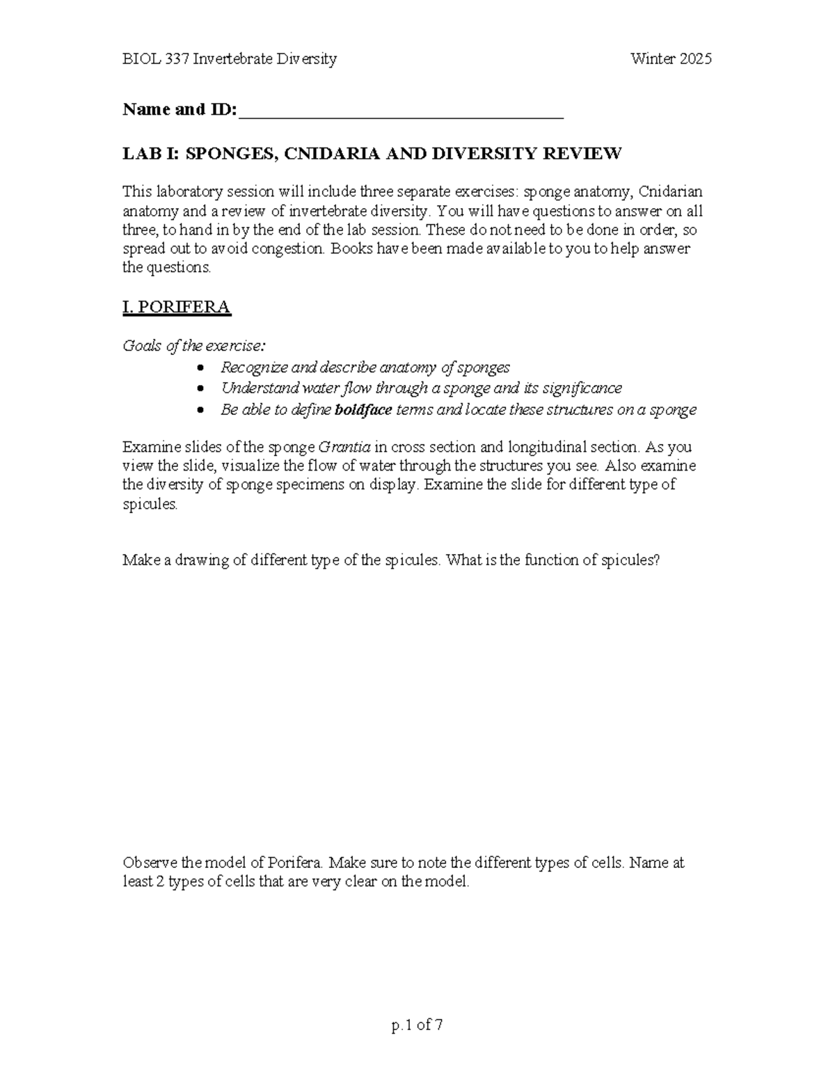 LAB I 2025 - Review of Sponges, Cnidaria & Invertebrate Diversity - Studocu