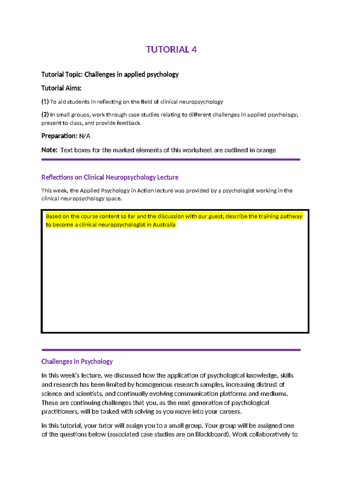 PSYC3034 Tutorial 4: Challenges in Applied Psychology and Solutions ...