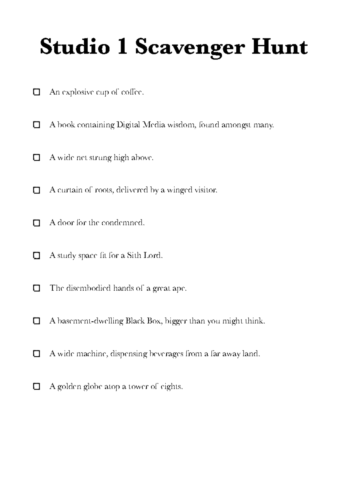 Scavenger Hunt Checklist - COMM2589 - Studio 1 Scavenger Hunt An ...