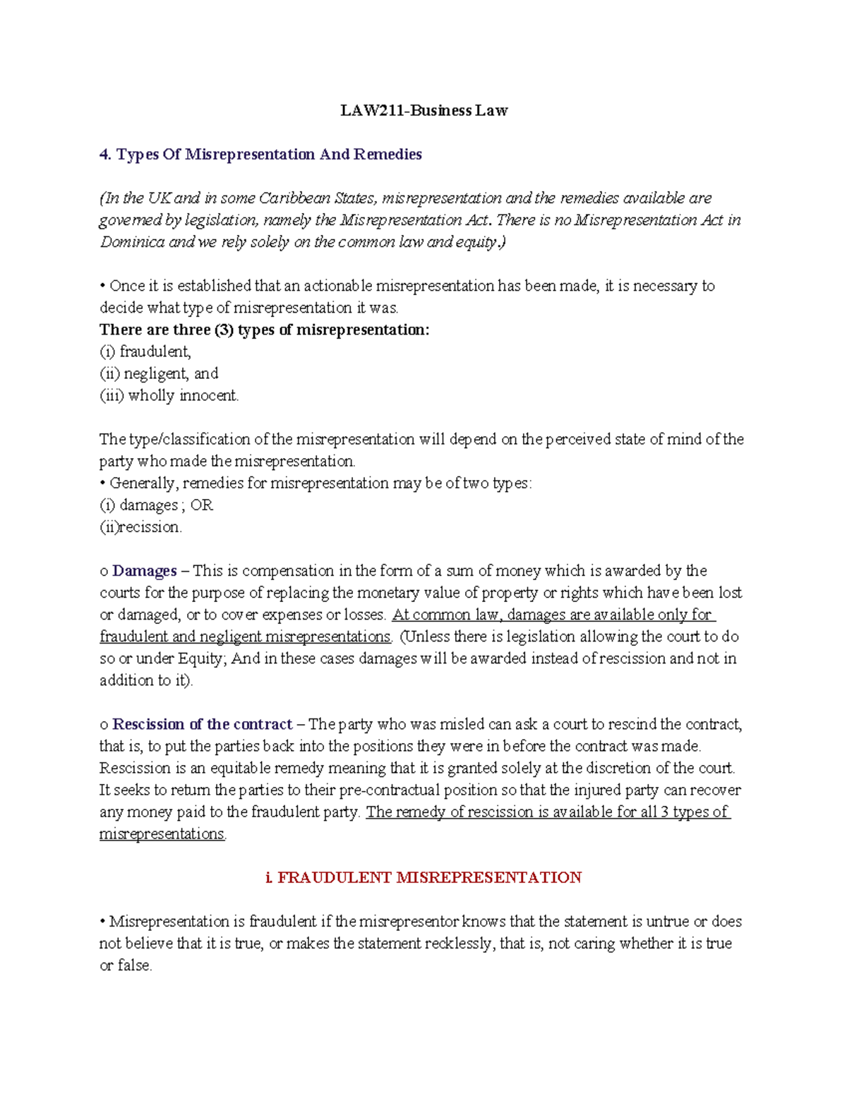 LAW211 - Types of Misrepresentation and Available Remedies in the UK ...