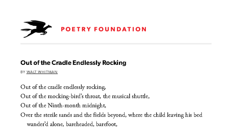 WALT WHITMAN: Out of the Cradle Endlessly Rocking Analysis - Studocu