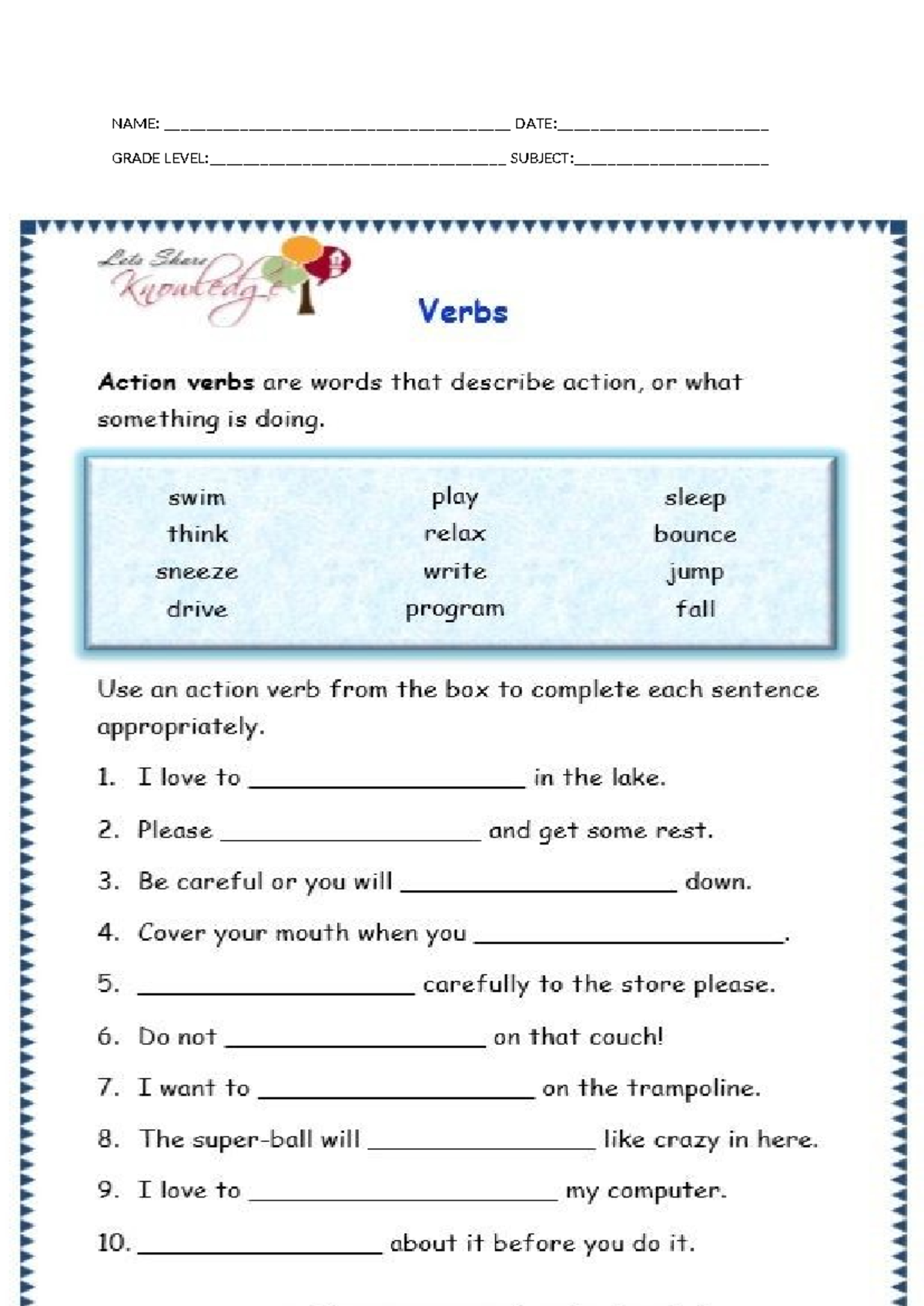 English Worksheet - NAME: DATE: GRADE LEVEL: SUBJECT: Lets Share Verbs ...