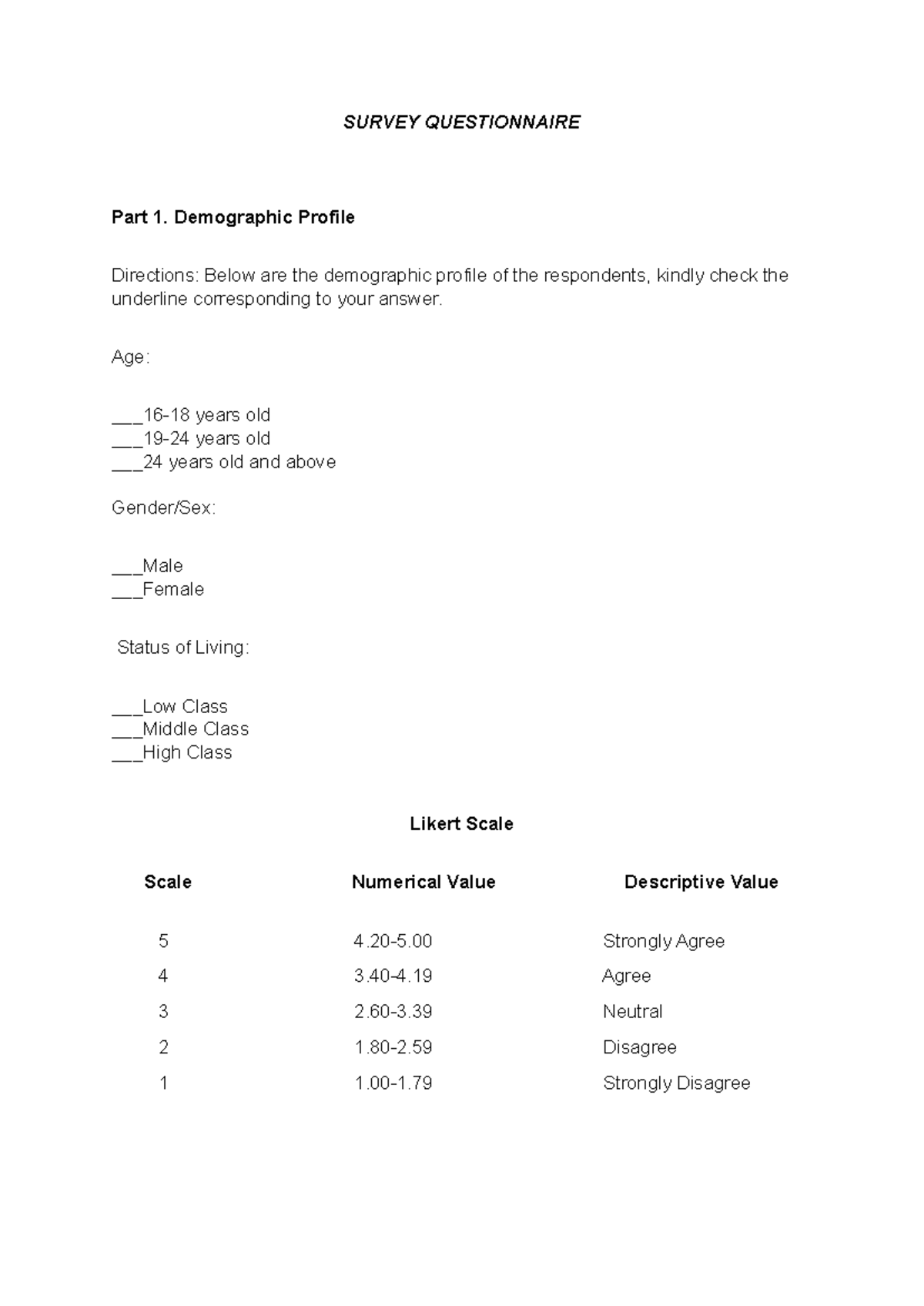 Survey Questionnaire on Socioeconomic Status & Academic Performance ...