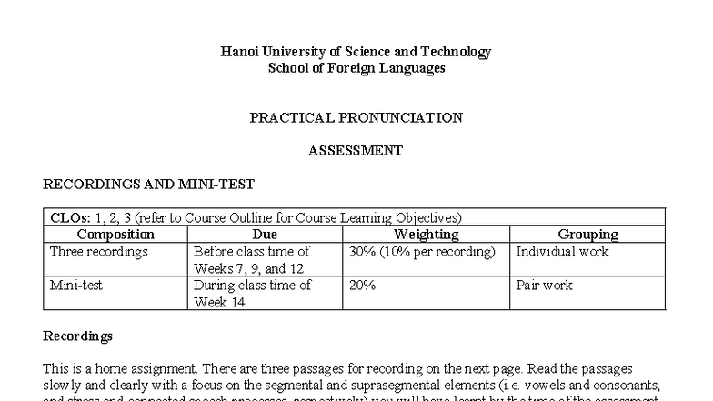 PRACTICAL PRONUNCIATION ASSESSMENT - HUST FL 1, 2, 3 - Studocu