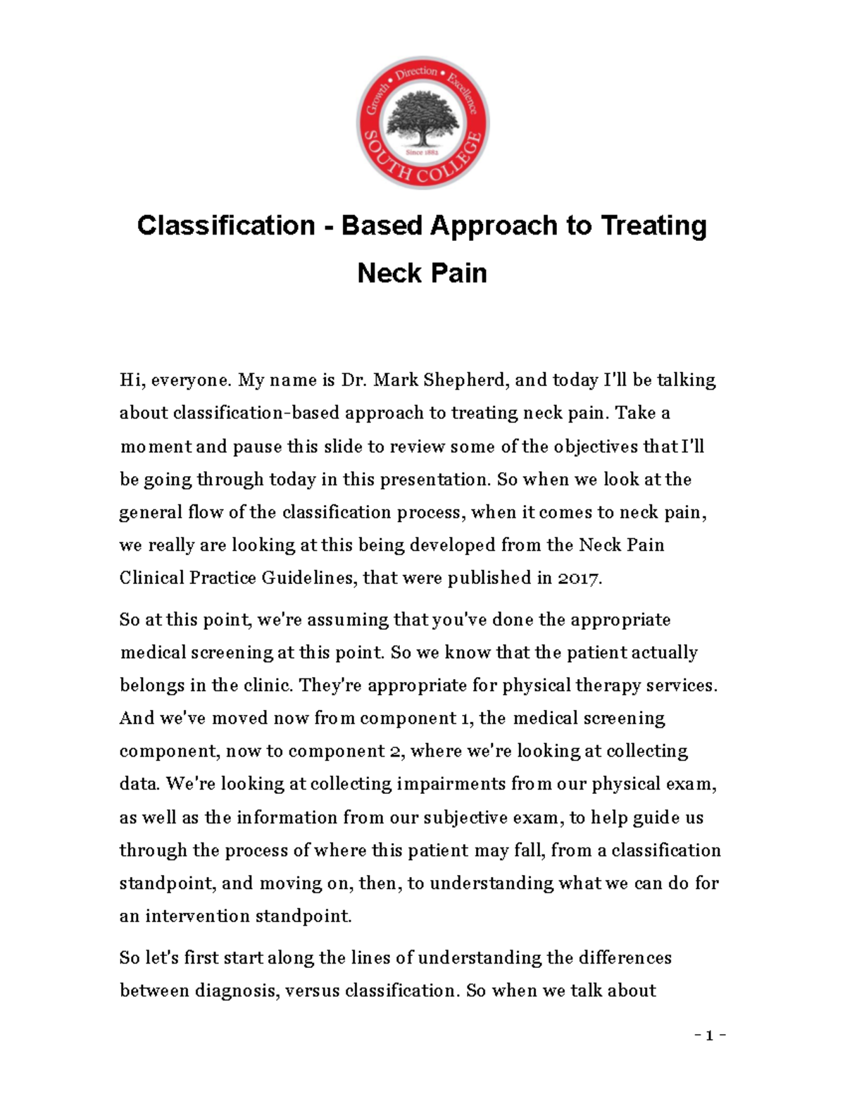 Classification-Based Approach to Treating Neck Pain: Clinical Insights ...