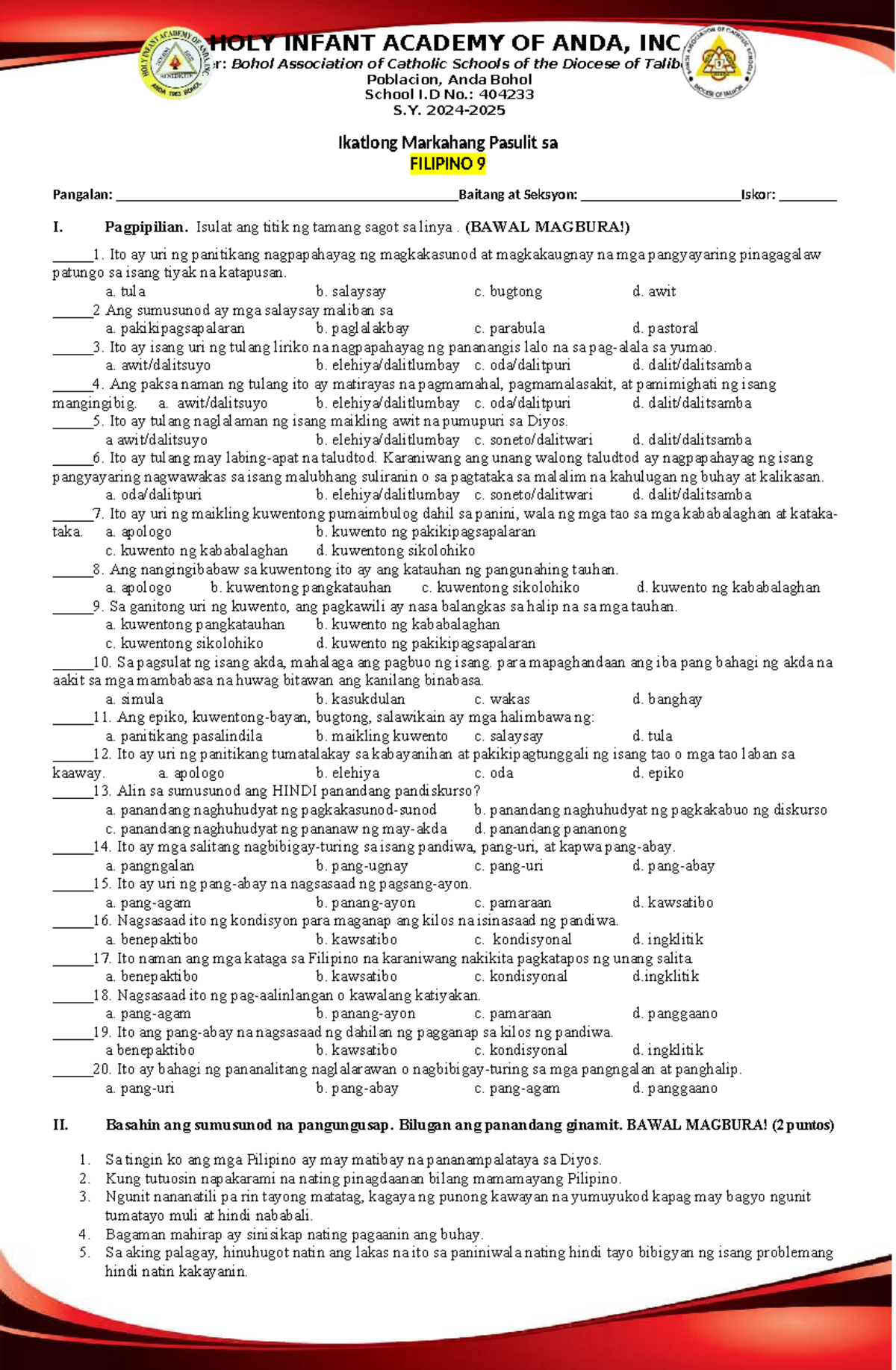 FILIPINO 9 3rd Quarter Exam - Questions and Answer Key - Studocu