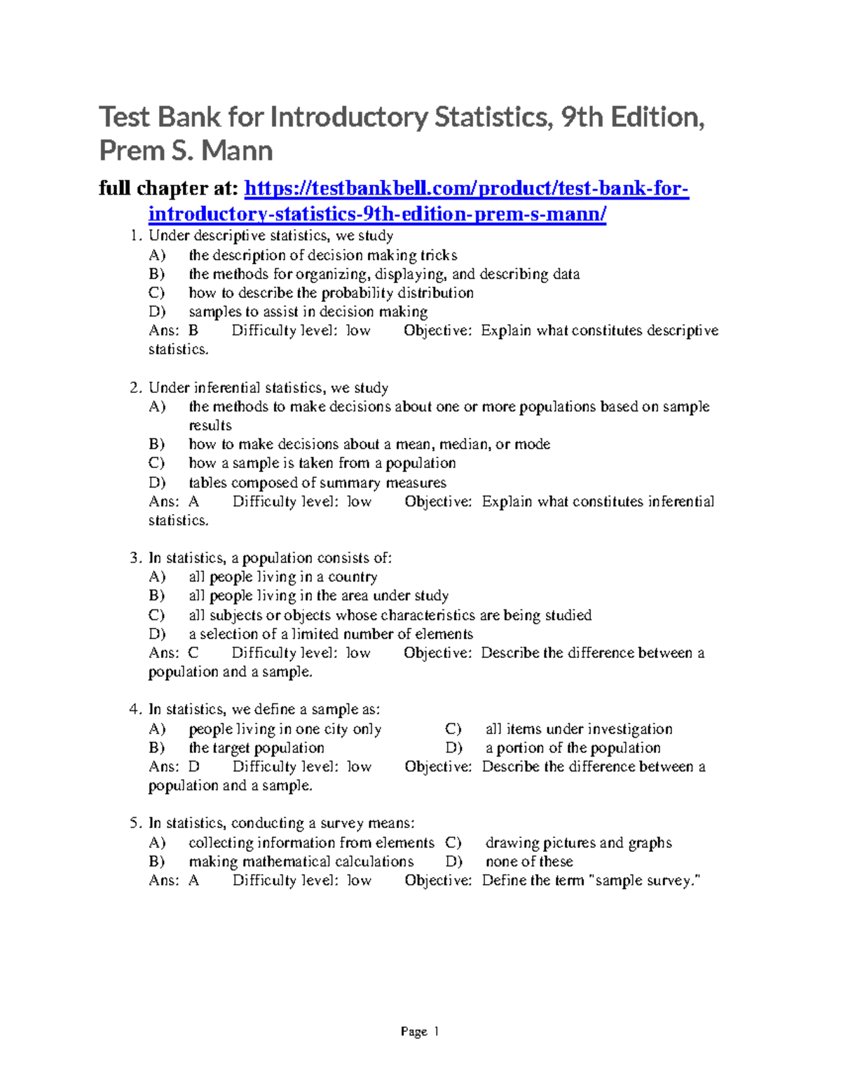 Test Bank for Introductory Statistics 9th Edition Prem s Mann - Mann ...
