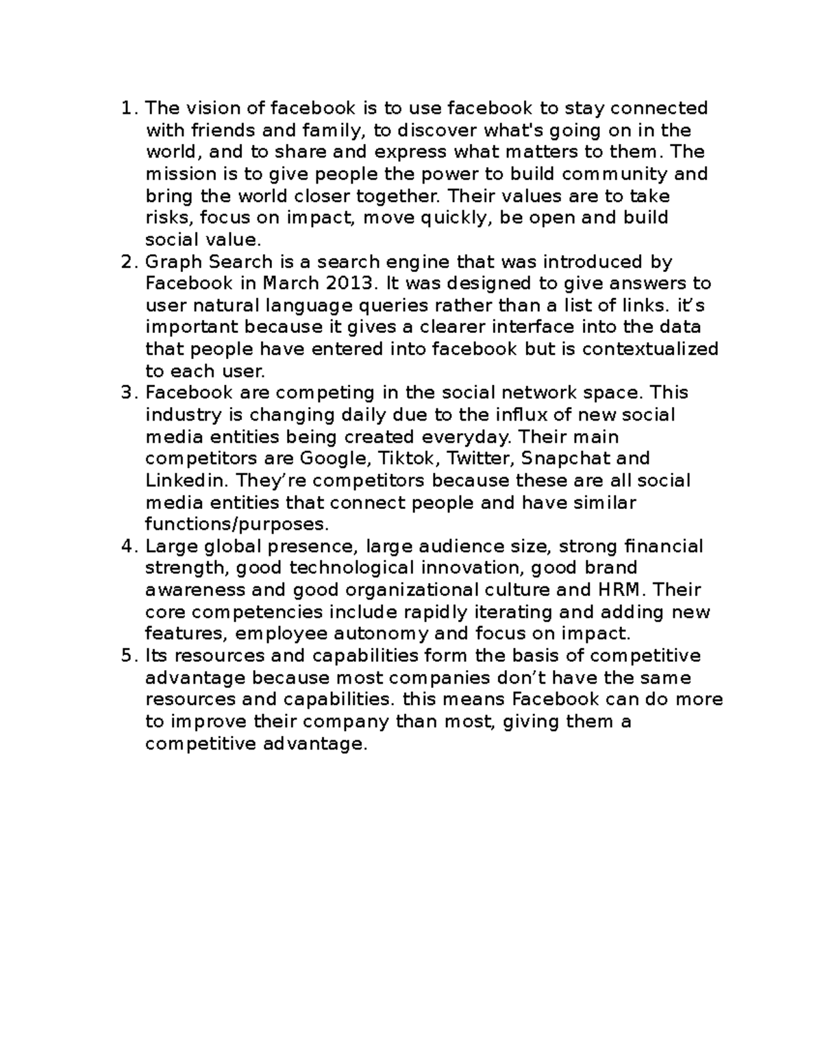 FB Case Study: Analyzing Vision, Competition, and Advantages - Studocu