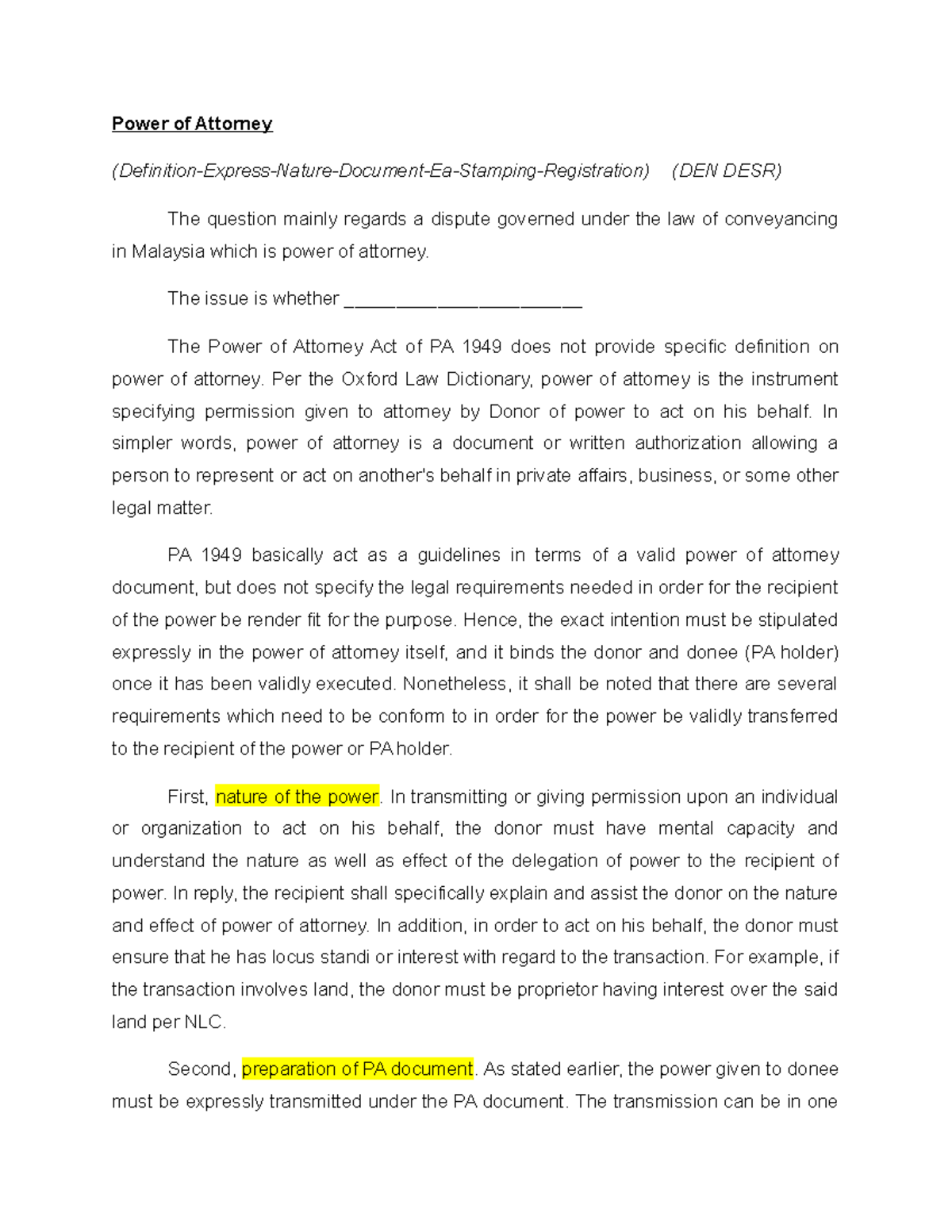 Power of Attorney - Summary Conveyancing Law 1 - Power of question ...