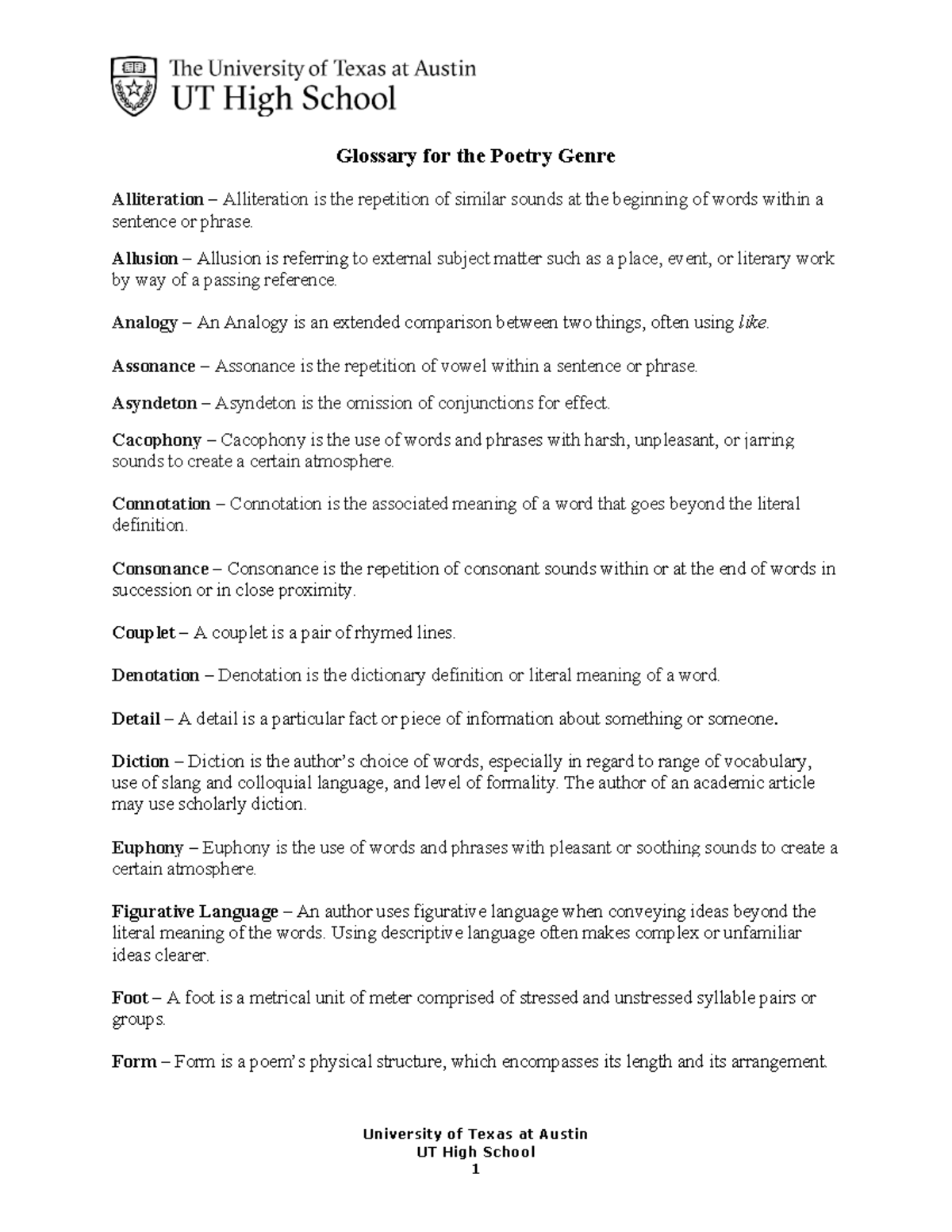 Poetry Genre Glossary for UT High School: Key Terms Explained - Studocu