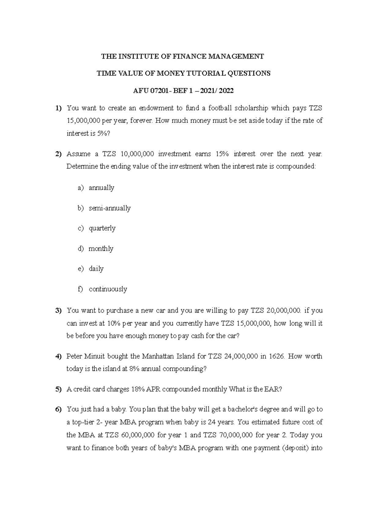 BEF 1 TVM Tutorial Questions & Answers - AFU 07201 - 2021/2022 - Studocu