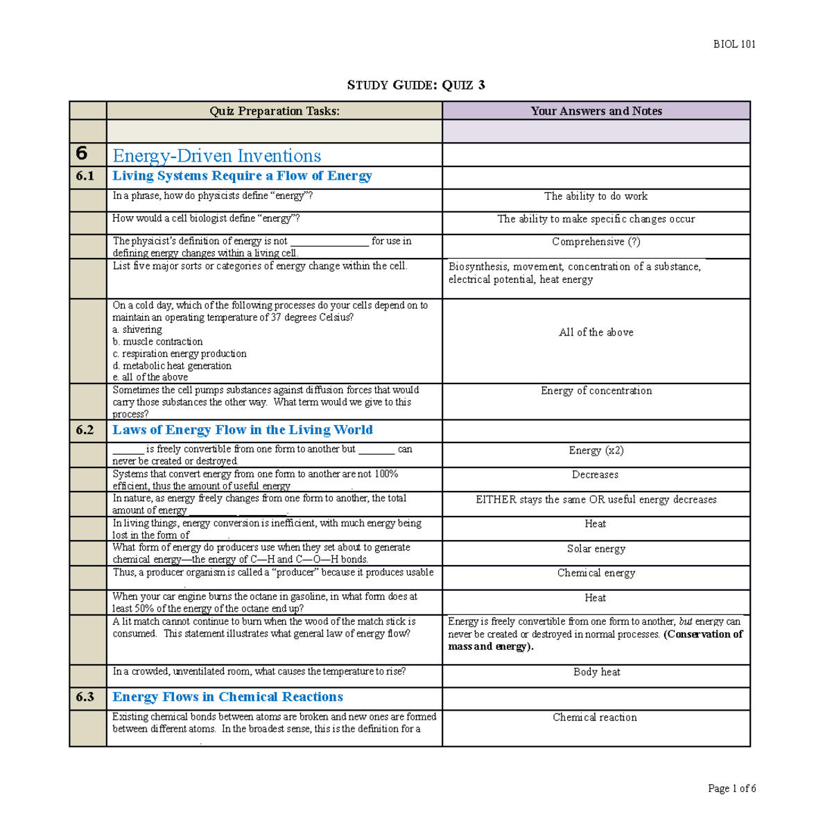 BIOL 101 Study Guide Quiz 3 - STUDY GUIDE: QUIZ 3 Quiz Preparation ...