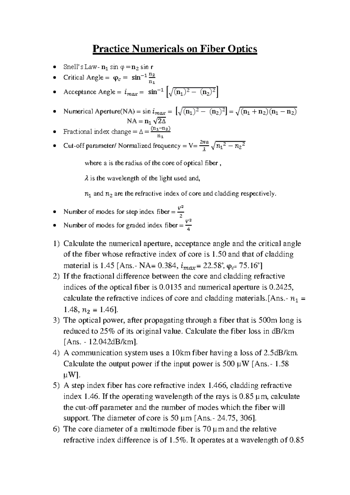 Fibre Optics Numerical Practice Questions and Solutions - Studocu