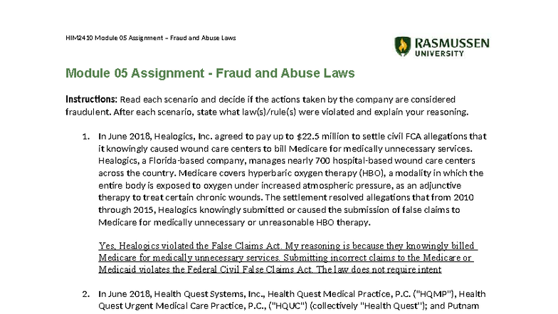 HIM2410 Module 05 Assignment: Analyzing Fraud and Abuse Laws - Studocu