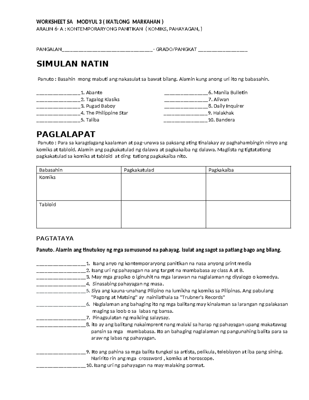 WORKSHEET SA ARALIN 6-A: KONTEMPORARYONG PANITIKAN - Studocu