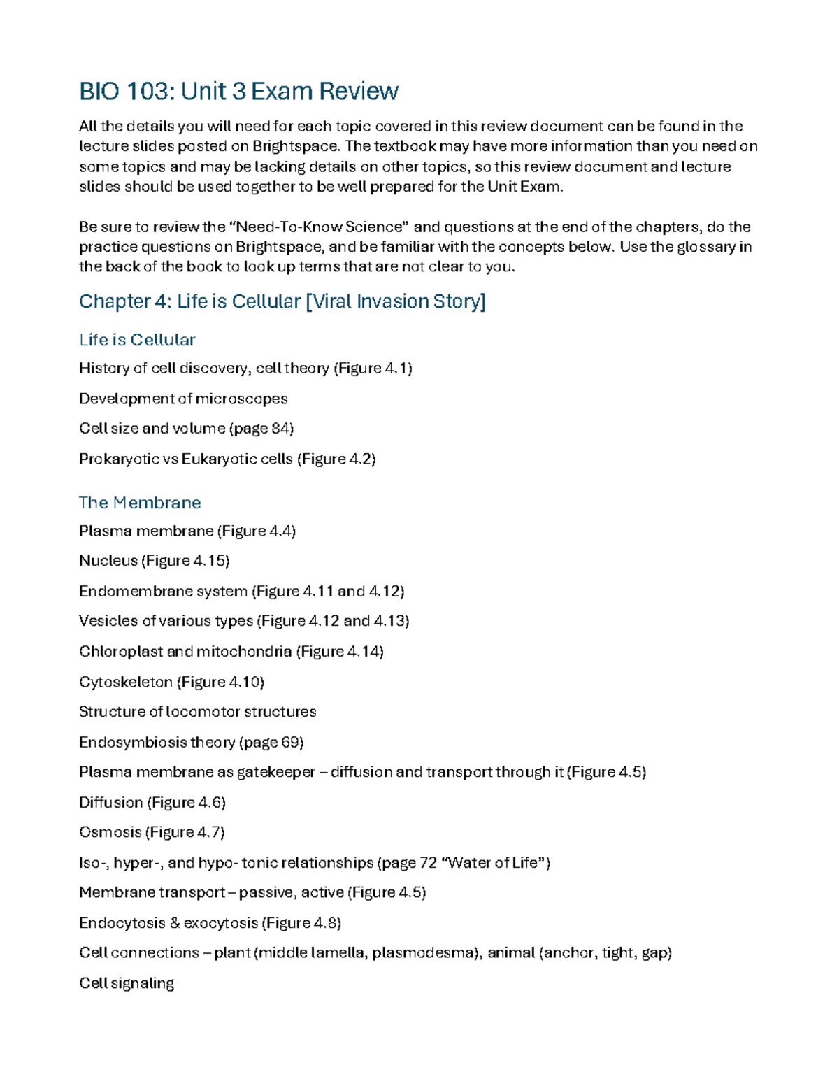 BIO 103: Unit 3 Exam Review - Key Cell Biology Concepts - Studocu