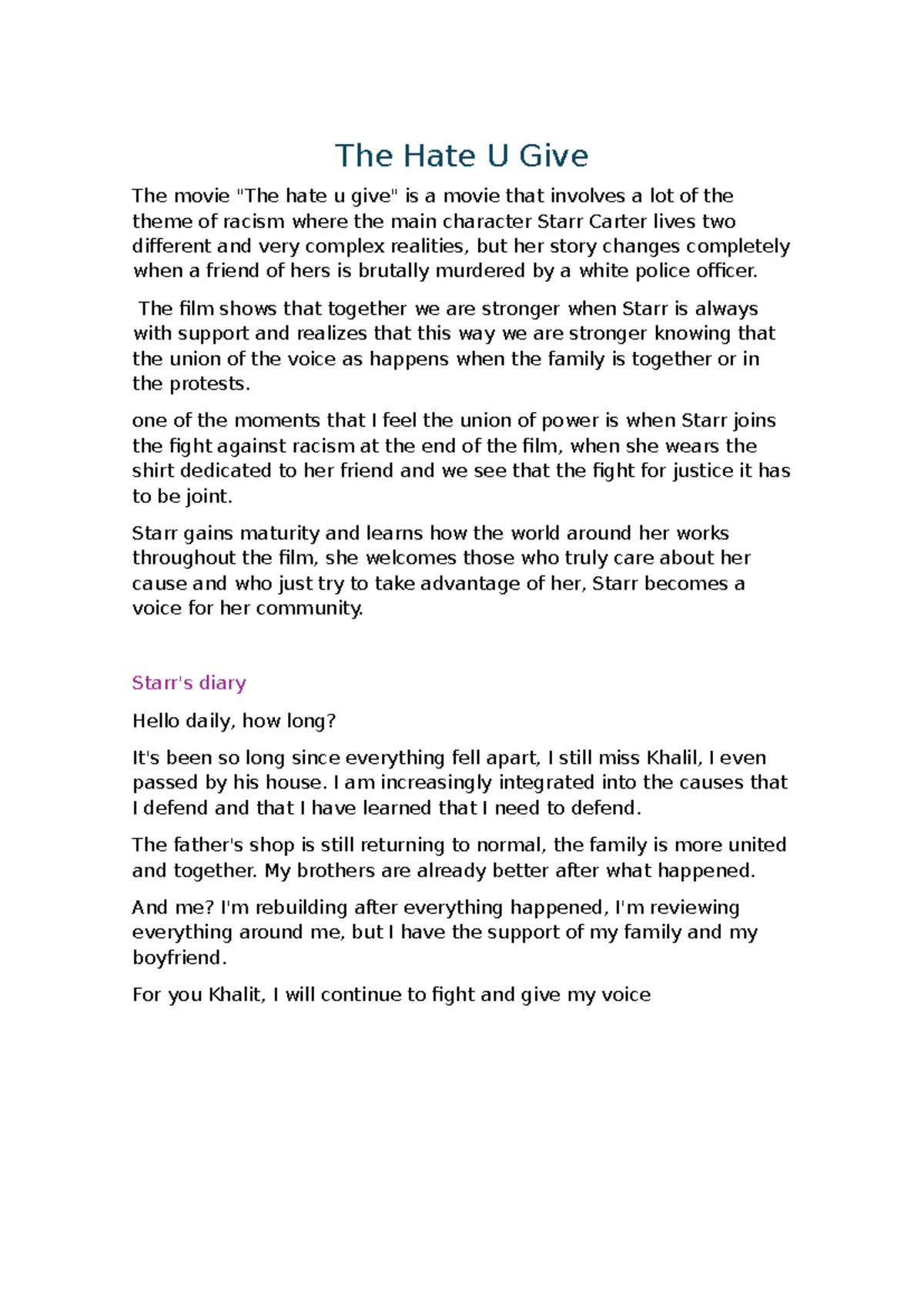 The Hate U Give - Análise do Filme e Diário de Starr - Studocu