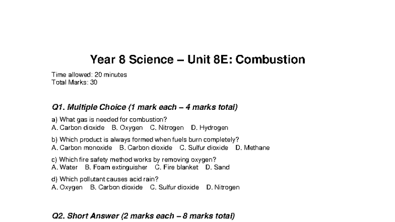 Year 8 Science Unit 8E: Combustion Test Review and Practice - Studocu