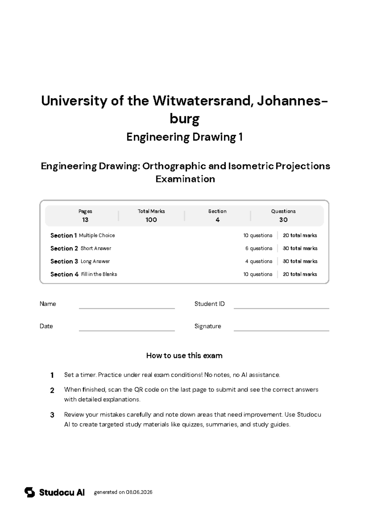 Engineering Drawing: Orthographic and Isometric Projections Exam - Studocu