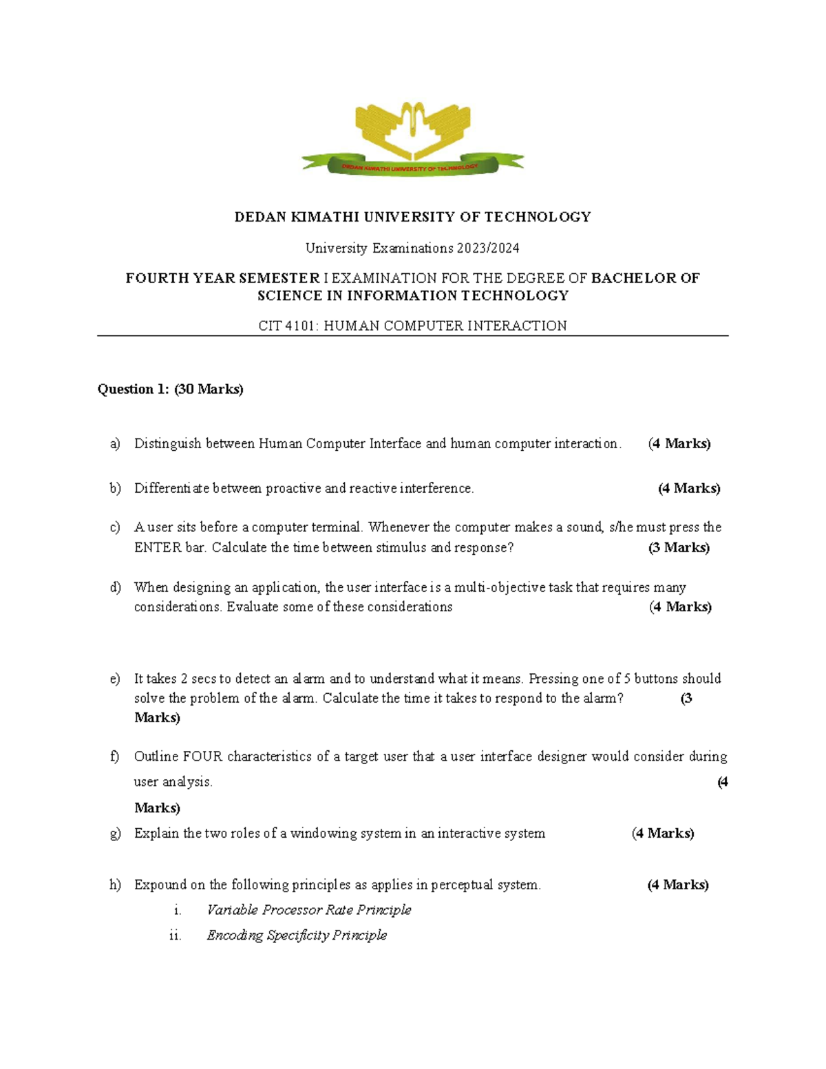 CIT 4101: HCI Final Exam Question Paper - 4th Year Semester I - Studocu